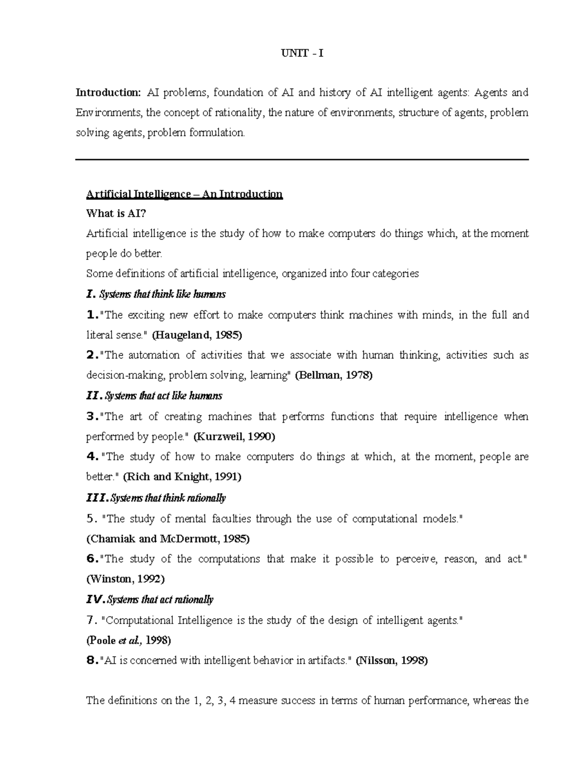 R23 P AI UNIT I - UNIT 1 - UNIT - I Introduction: AI problems, foundation of AI and history of ...