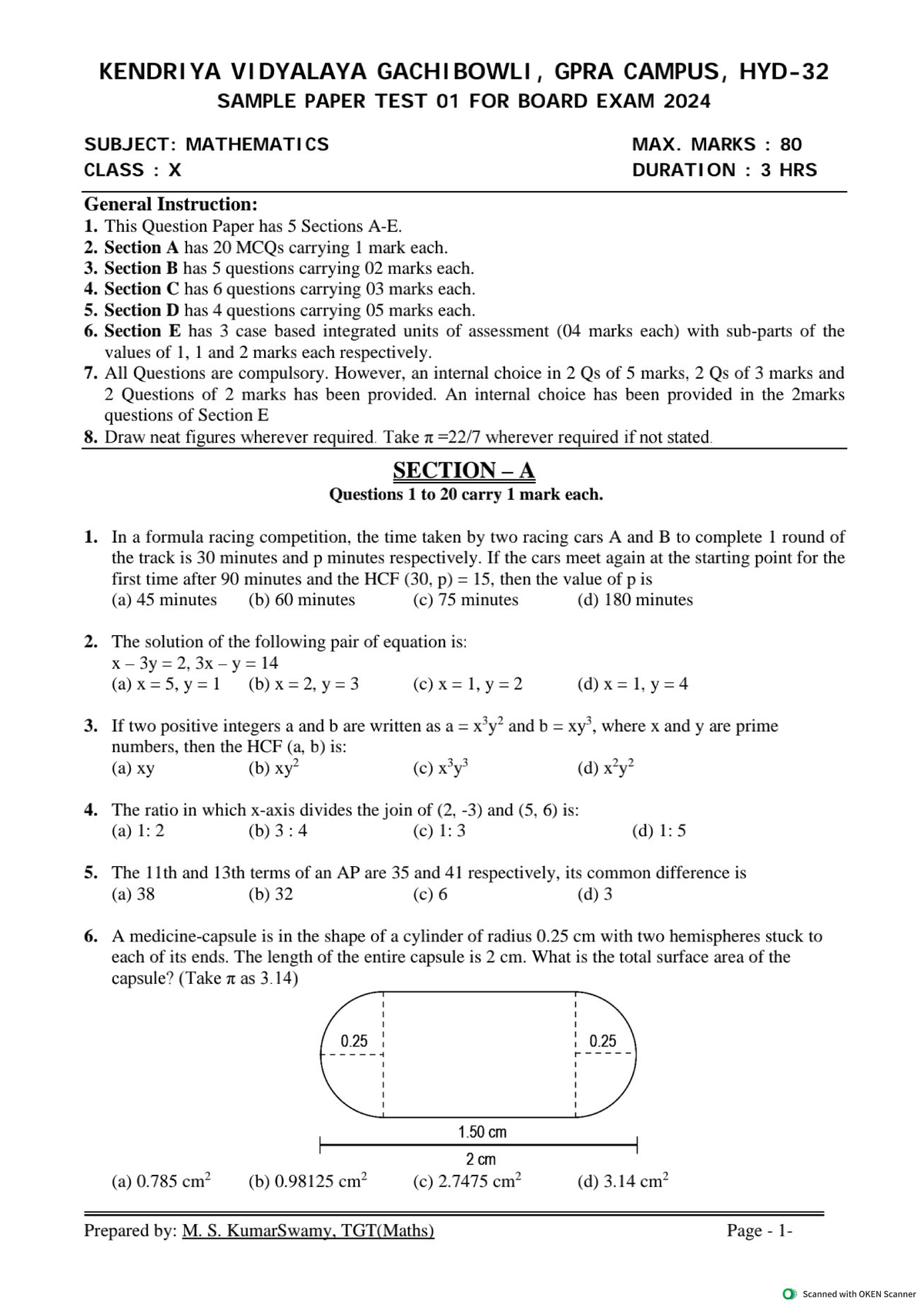 Sample paper Kumar 1-10 - Class X Math Standard - Studocu
