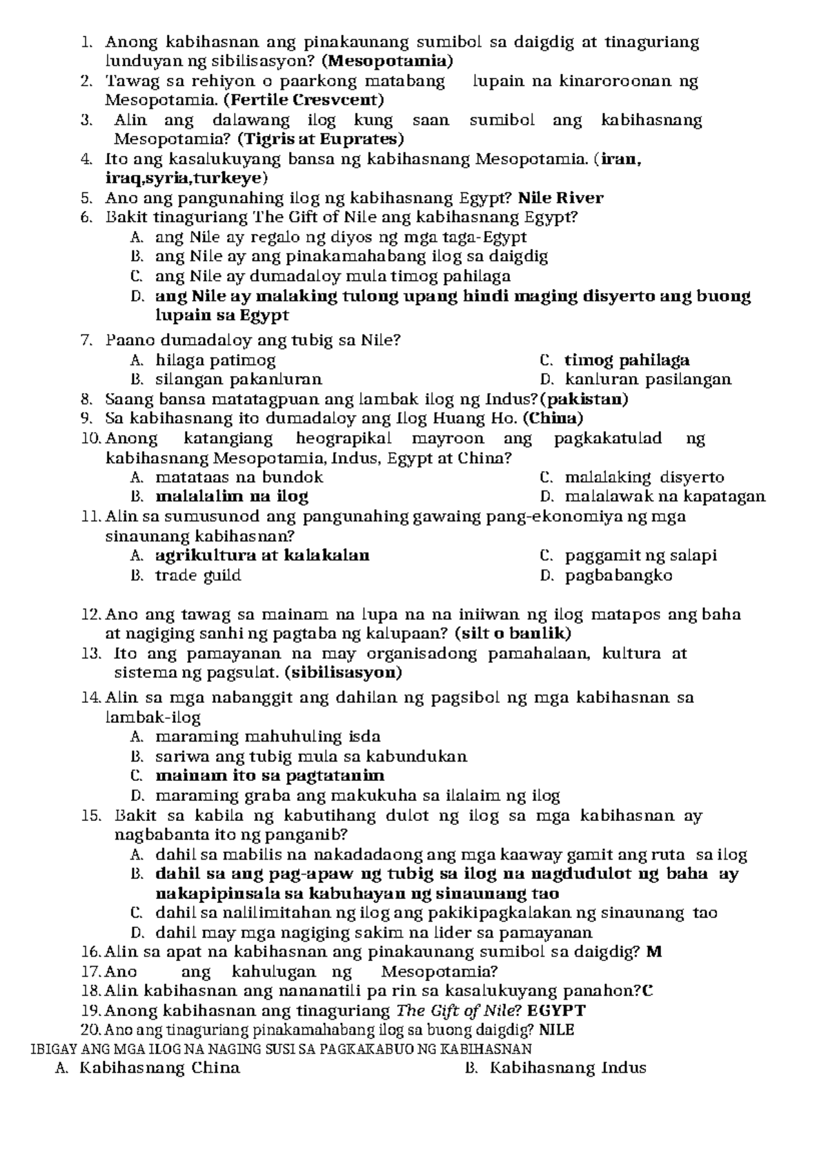 Quiz 3 - advanced study - Anong kabihasnan ang pinakaunang sumibol sa ...