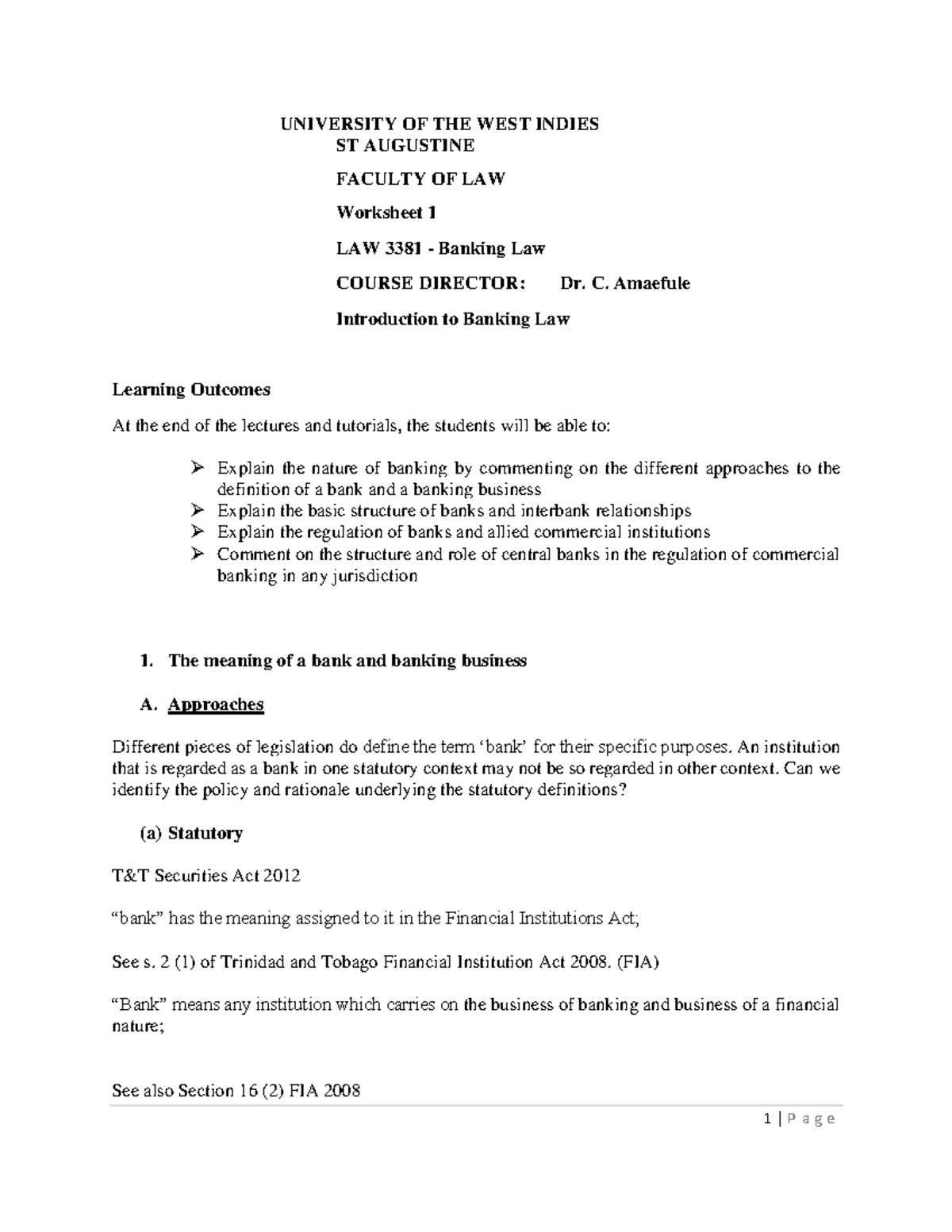 2023 LLB Worksheet 1 - Introduction to Banking Law 1 - UNIVERSITY OF ...