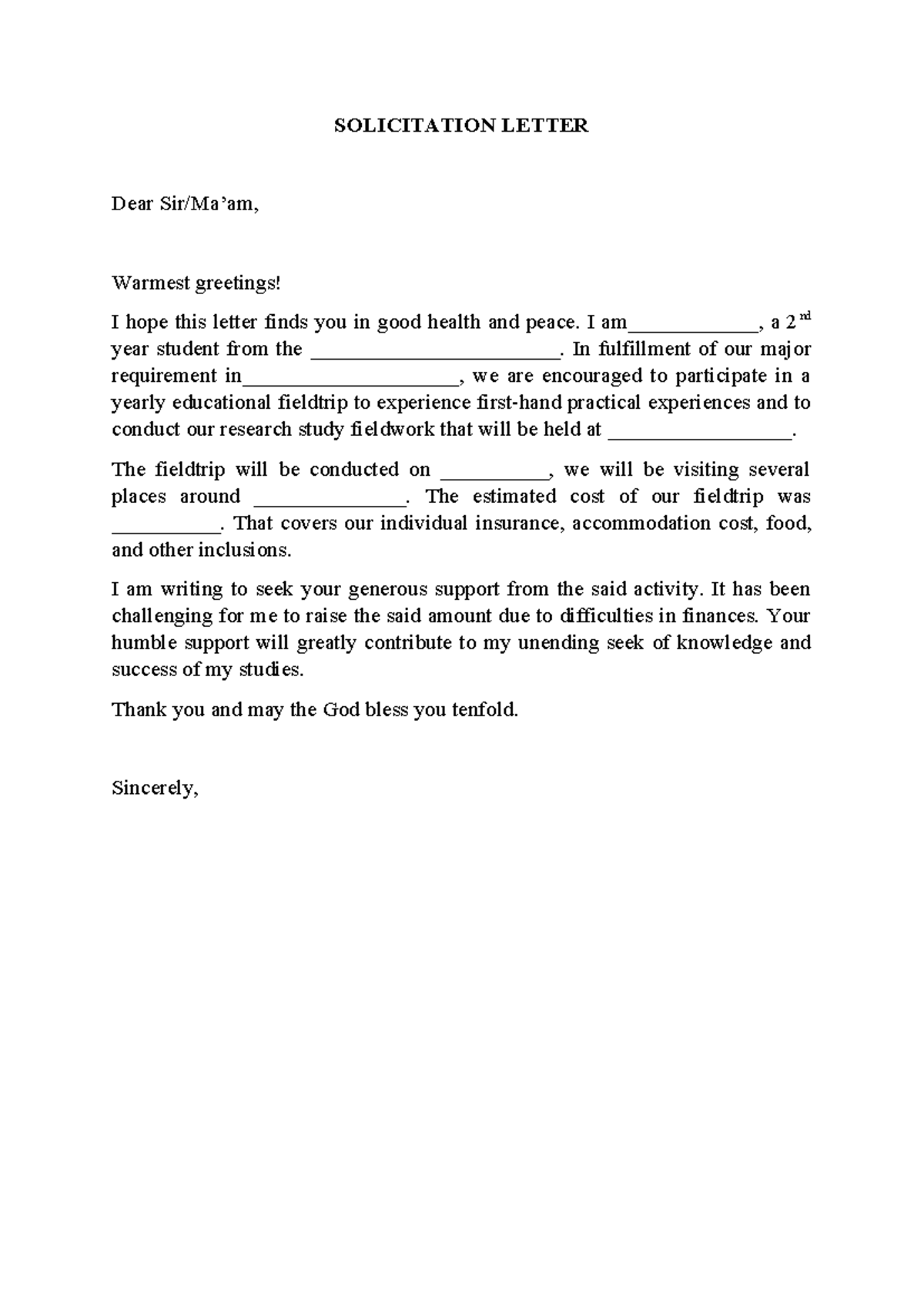 Solicitation letter - SOLICITATION LETTER Dear Sir/Ma’am, Warmest ...