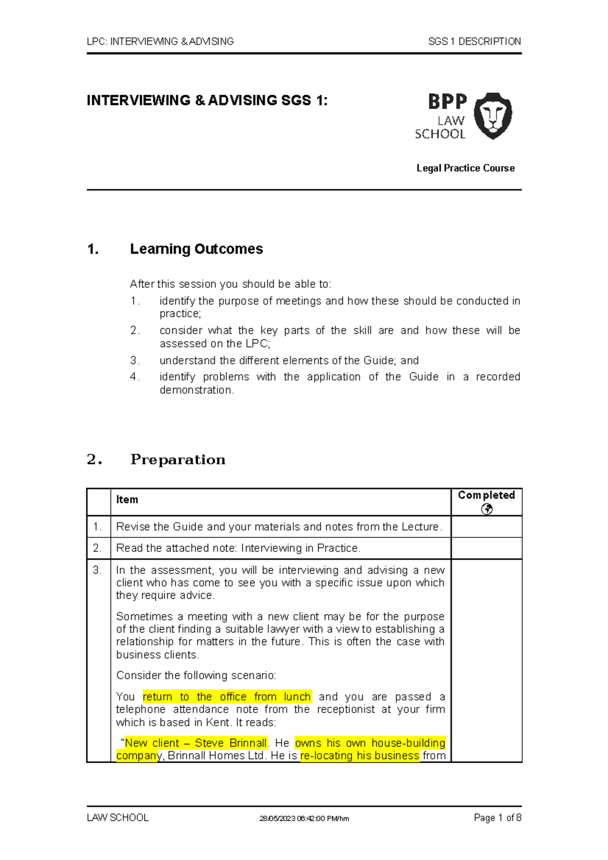 Interviewing SGS 1 Description - LPC: INTERVIEWING & ADVISING SGS 1 DESCRIPTION INTERVIEWING ...