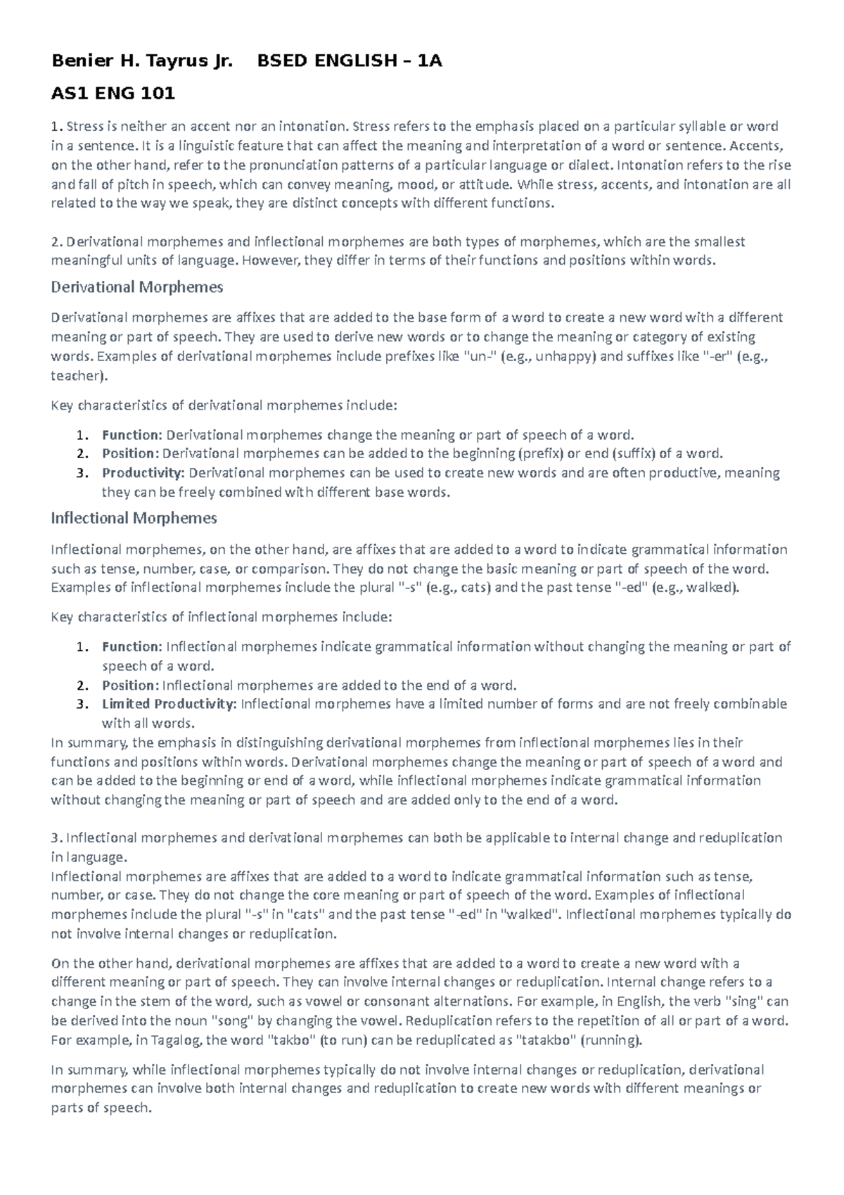As1 eng - as1 english - english major - Benier H. Tayrus Jr. BSED ...