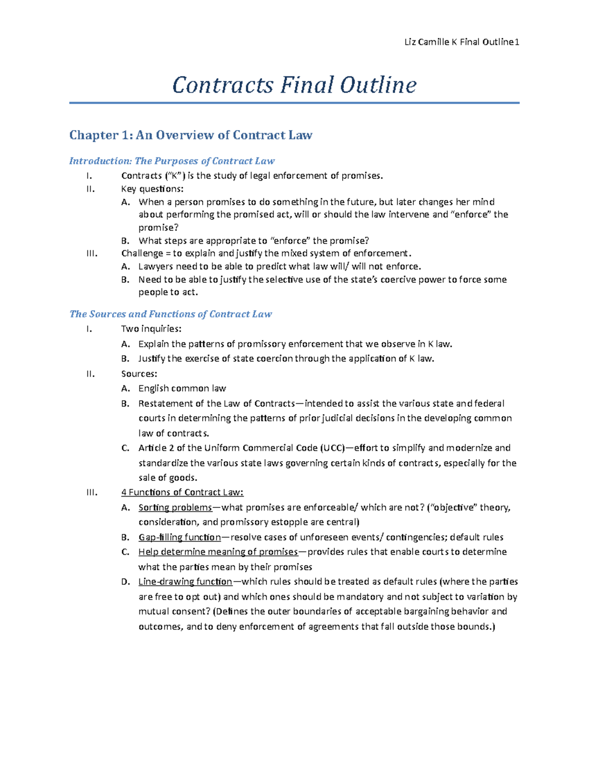 Outline for Final (Repaired) - Contracts Final Outline Chapter 1: An Overview of Contract Law ...