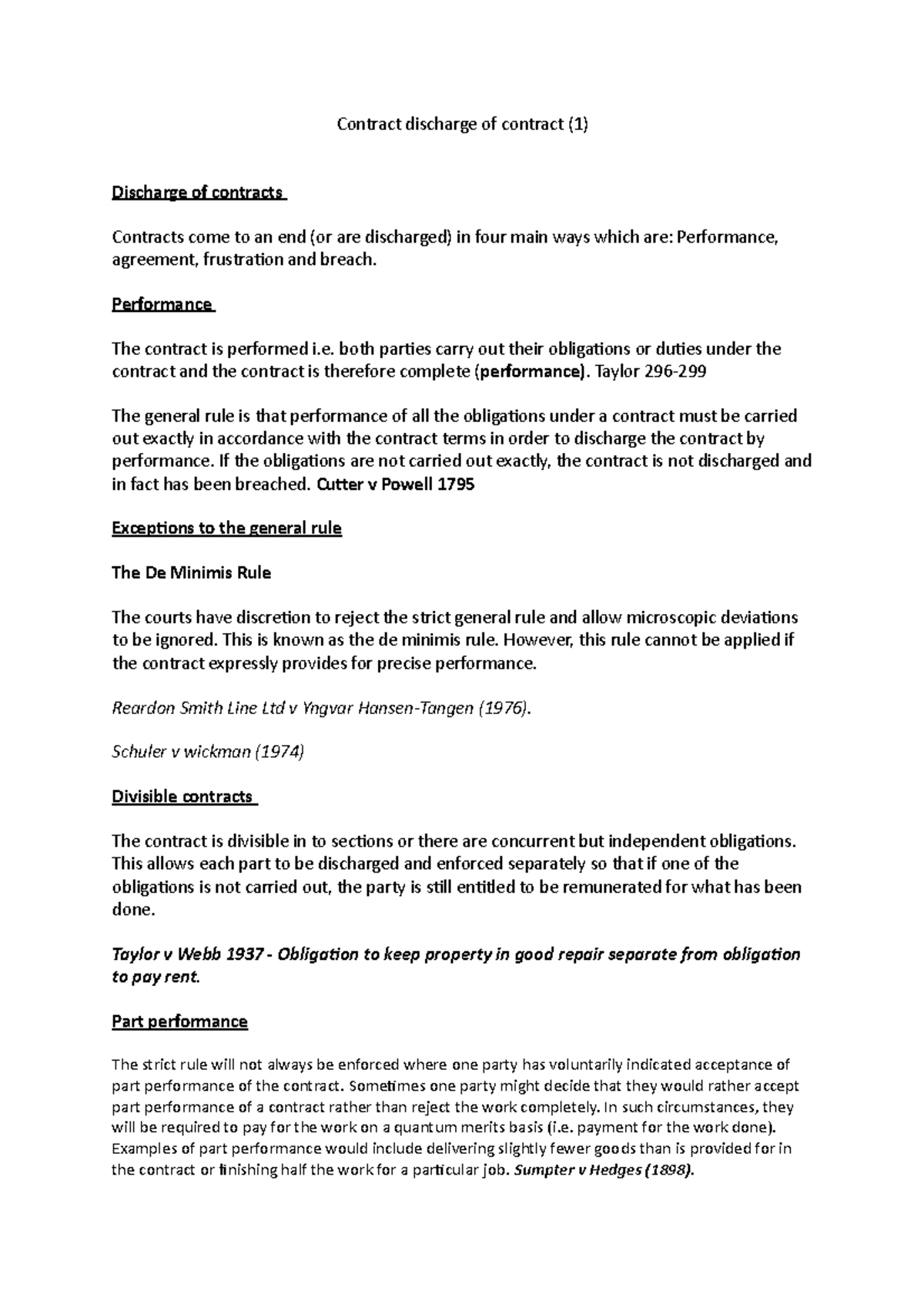 Discharge of contract - Lecture notes 5 - Contract discharge of ...