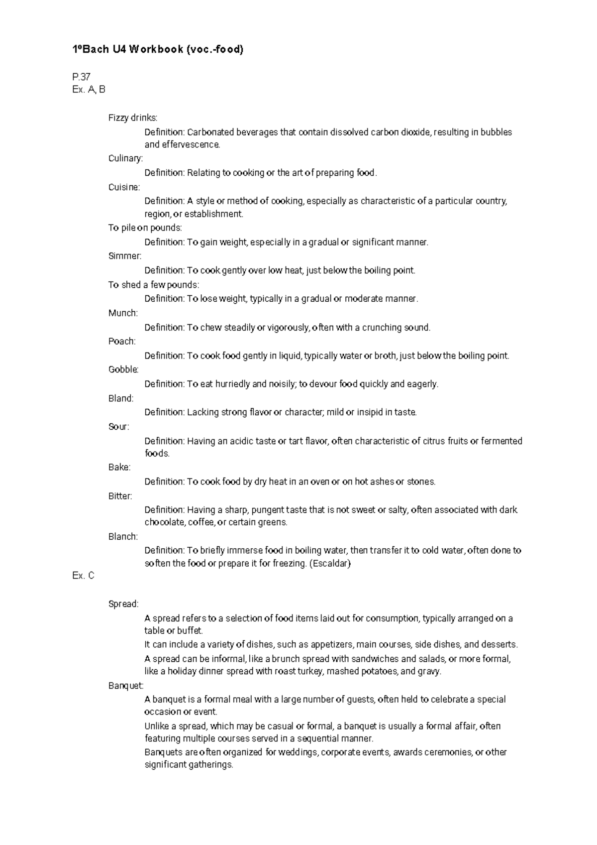 1ºBach U4 Workbook (voc -food) P. Ex. A, B Fizzy drinks: Definition ...