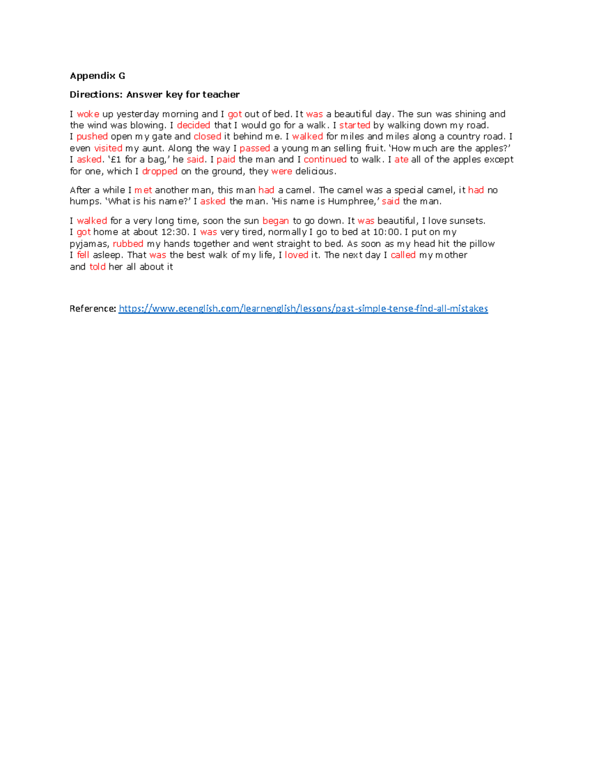 Appendix G - f34f - Appendix G Directions: Answer key for teacher I ...