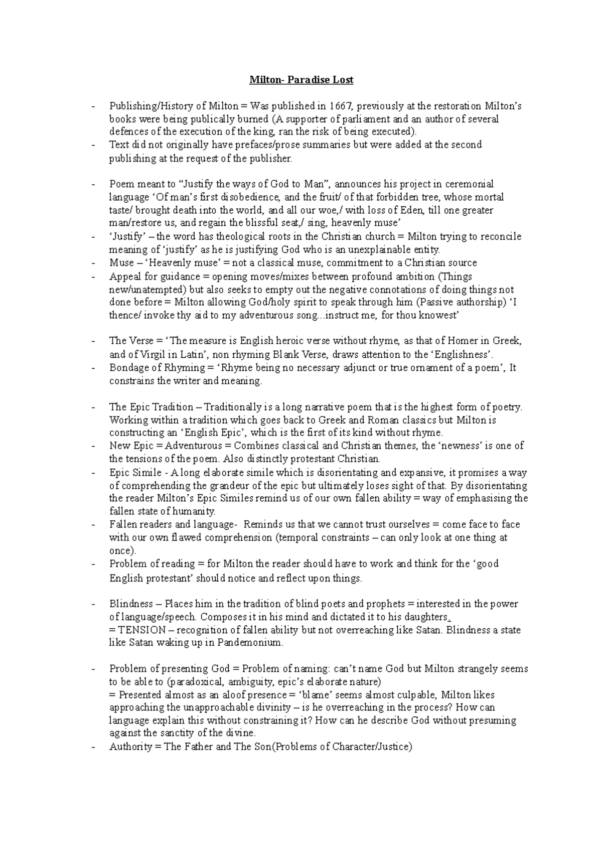 Lecture notes, lecture Milton Paradise Lost - Milton- Paradise Lost ...