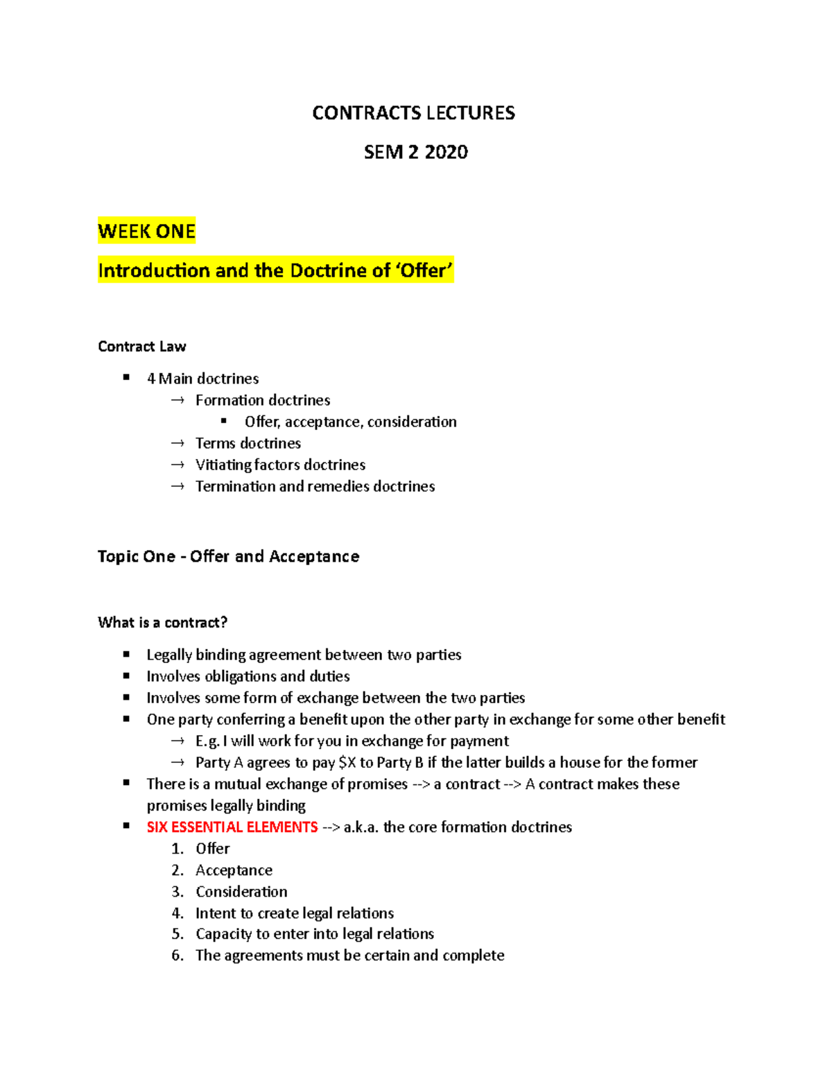Contracts Lectures Lecture Notes 1 11 Contracts Lectures Sem 2 2020 Week One Introduction