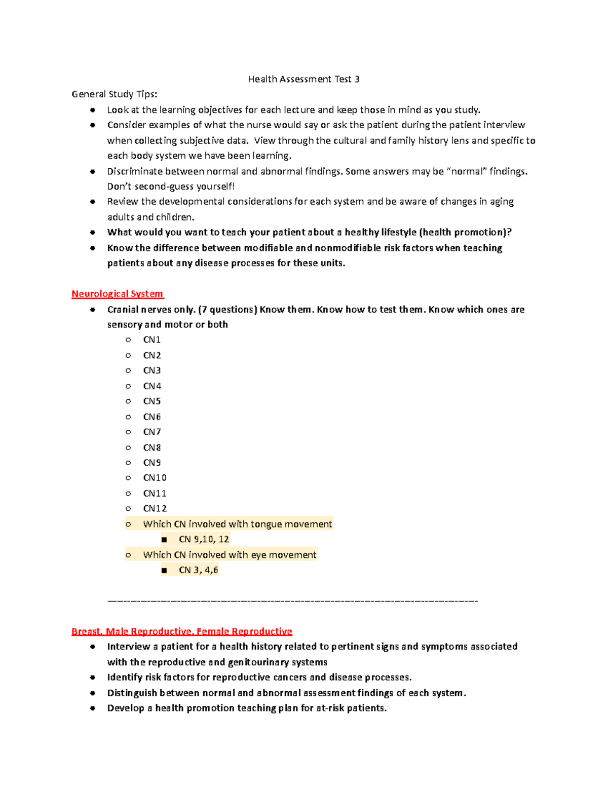 Health Assessment Study guide - Health Assessment Test 3 General Study ...