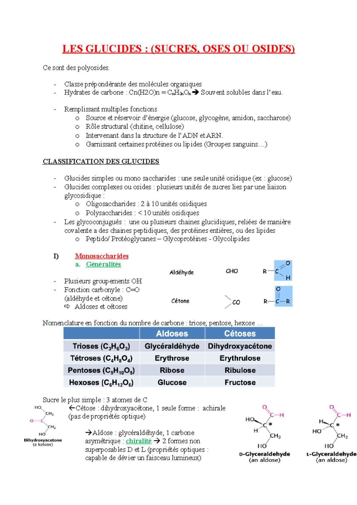 Biochimie les glucides - LES GLUCIDES : (SUCRES, OSES OU OSIDES) Ce ...
