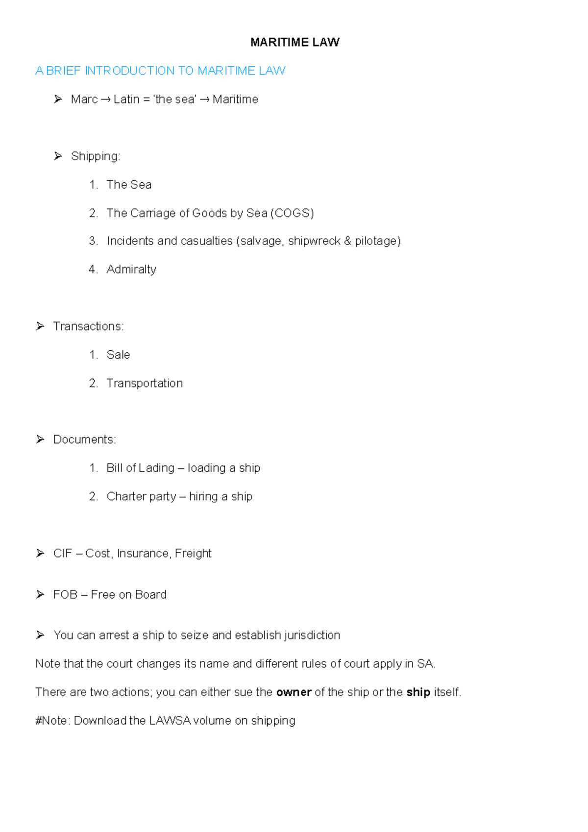 Maritime 2017 - Lecture notes all - MARITIME LAW A BRIEF INTRODUCTION ...