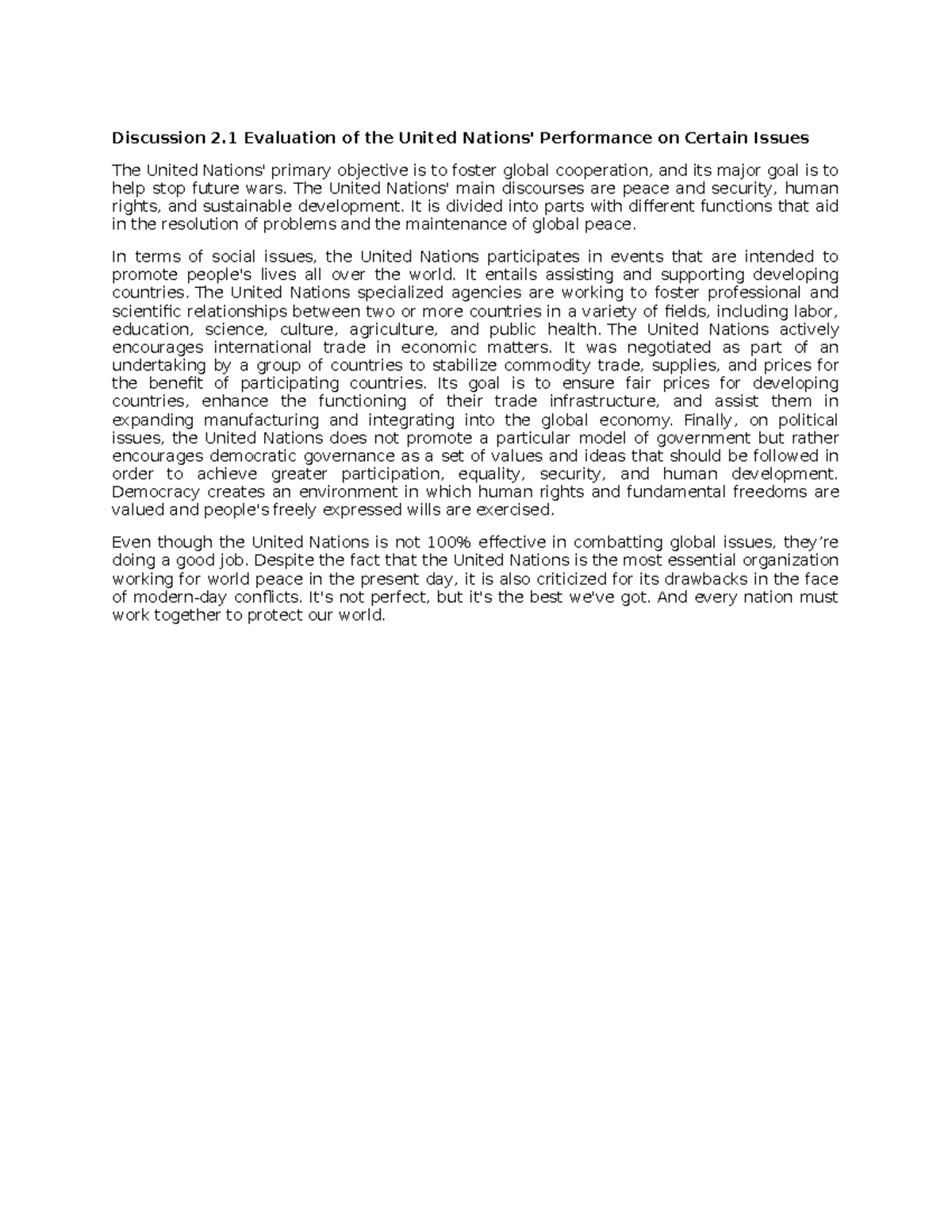 Discussion 2.1 Evaluation of the United Nations' Performance on Certain ...