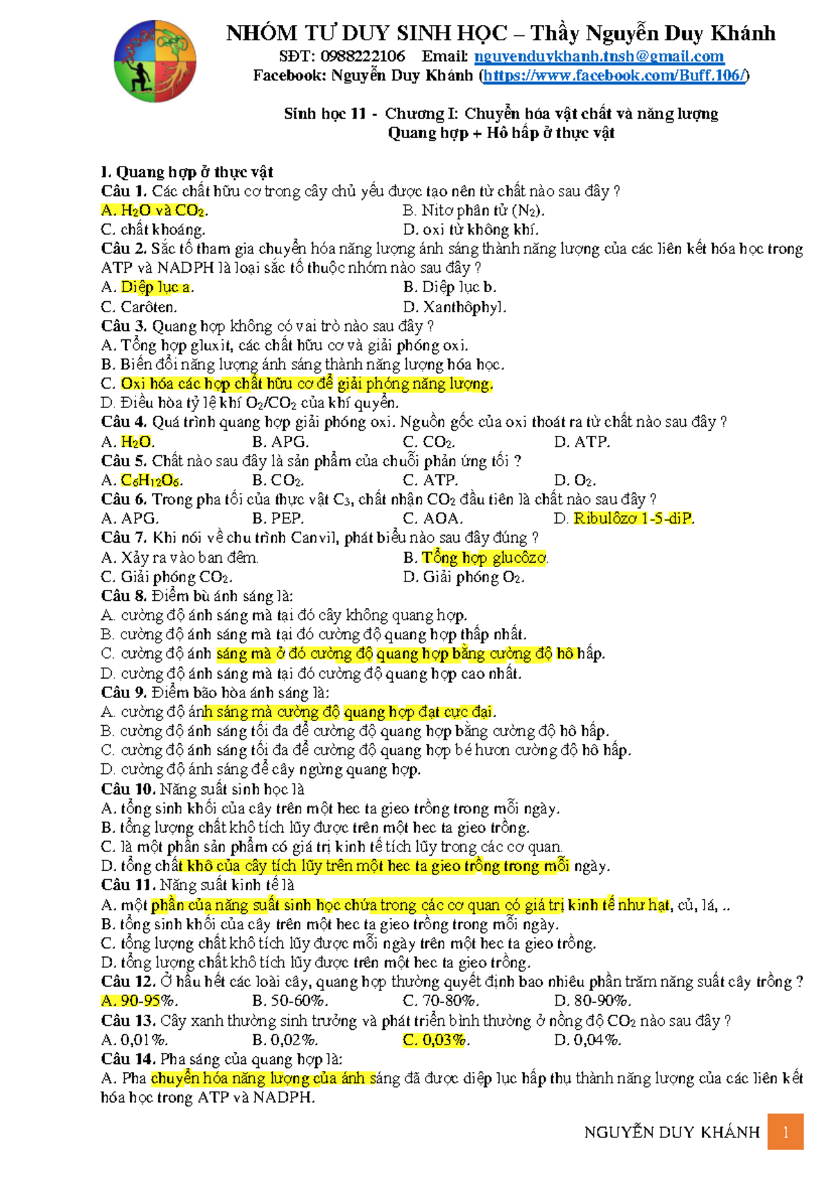 2. Quang hợp Hô hấp ở thực vật - Tư duy Sinh học - Thầy Nguyễn Duy Khánh - NHÓ M TƯ DUY - Studocu