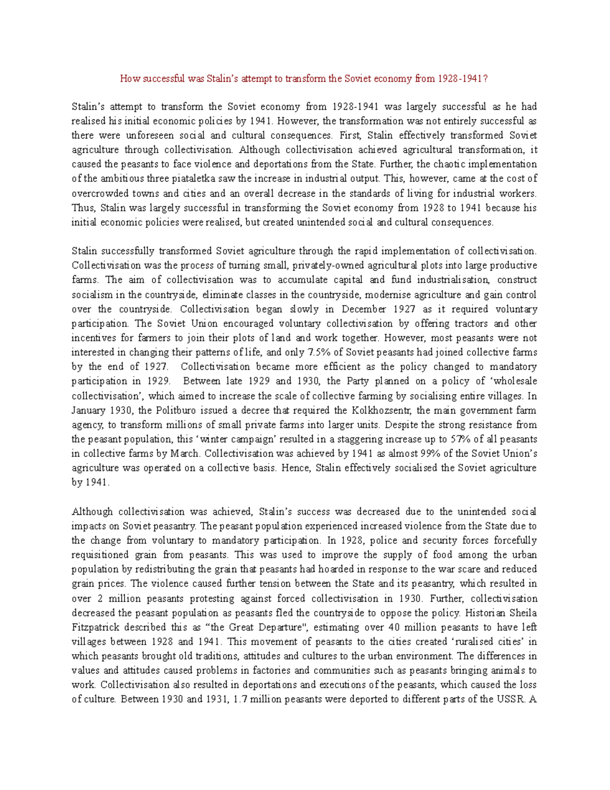 Stalin's Economic Transformation Essay - How successful was Stalin’s ...