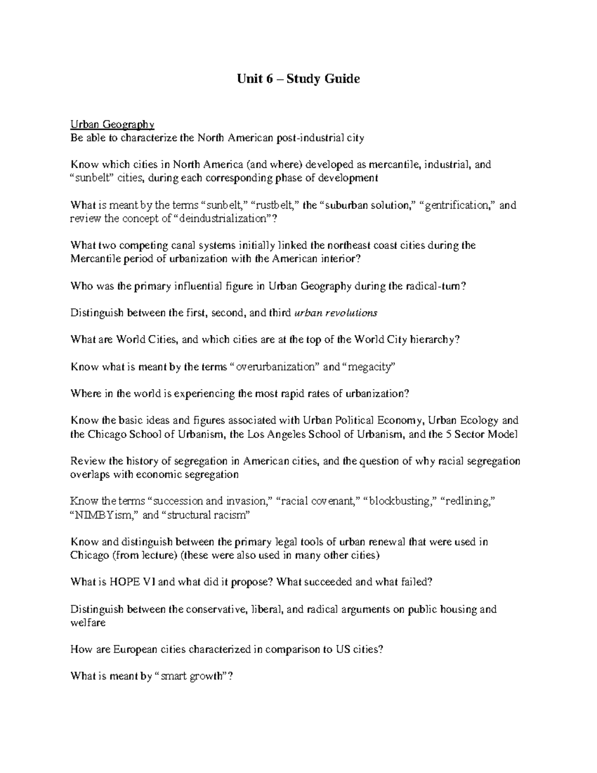 Unit 6 Study Guide 2017 - Unit 6 – Study Guide Urban Geography Be able ...