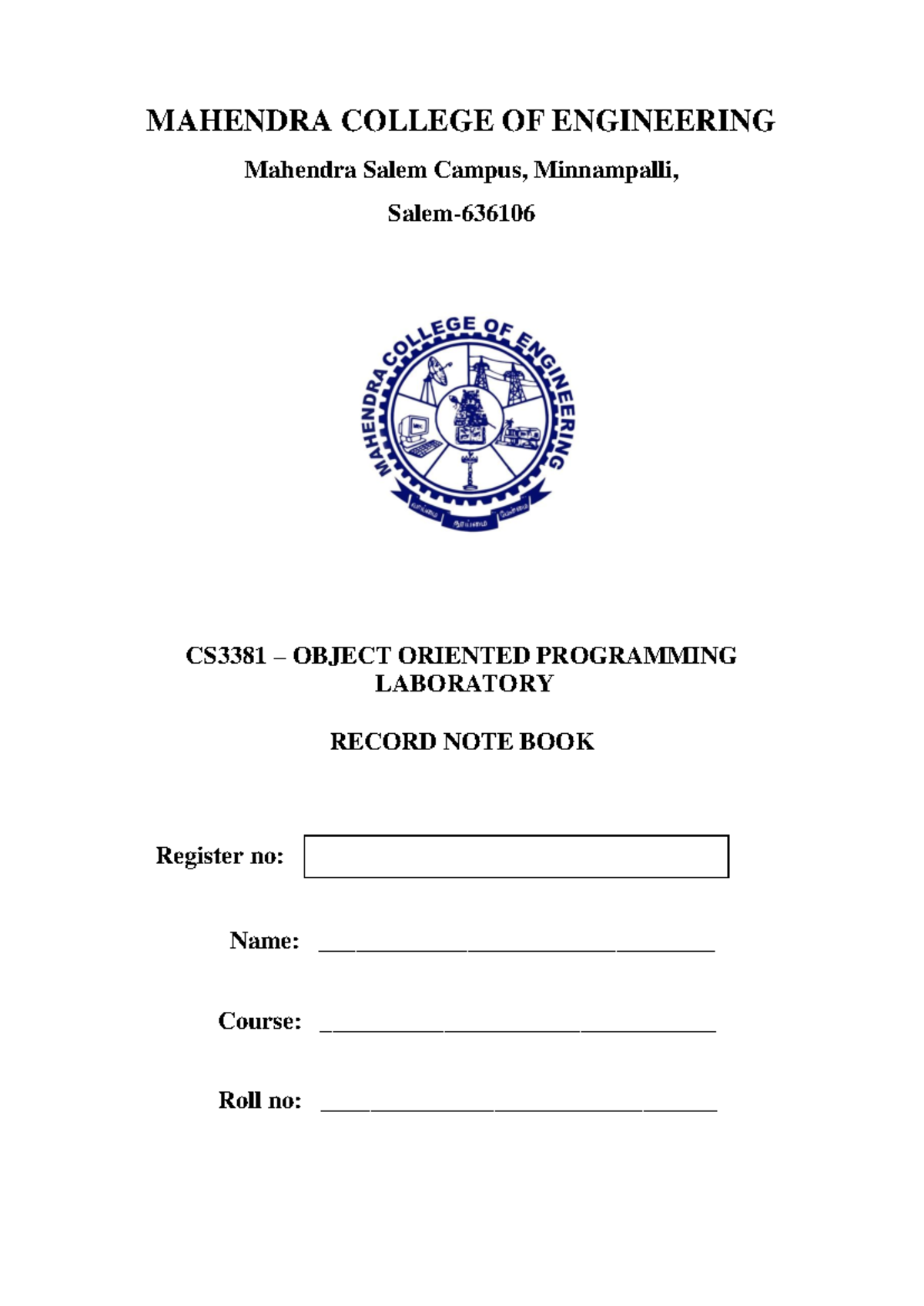 OOPS LAB Manual R2021 - MAHENDRA COLLEGE OF ENGINEERING Mahendra Salem Campus, Minnampalli ...