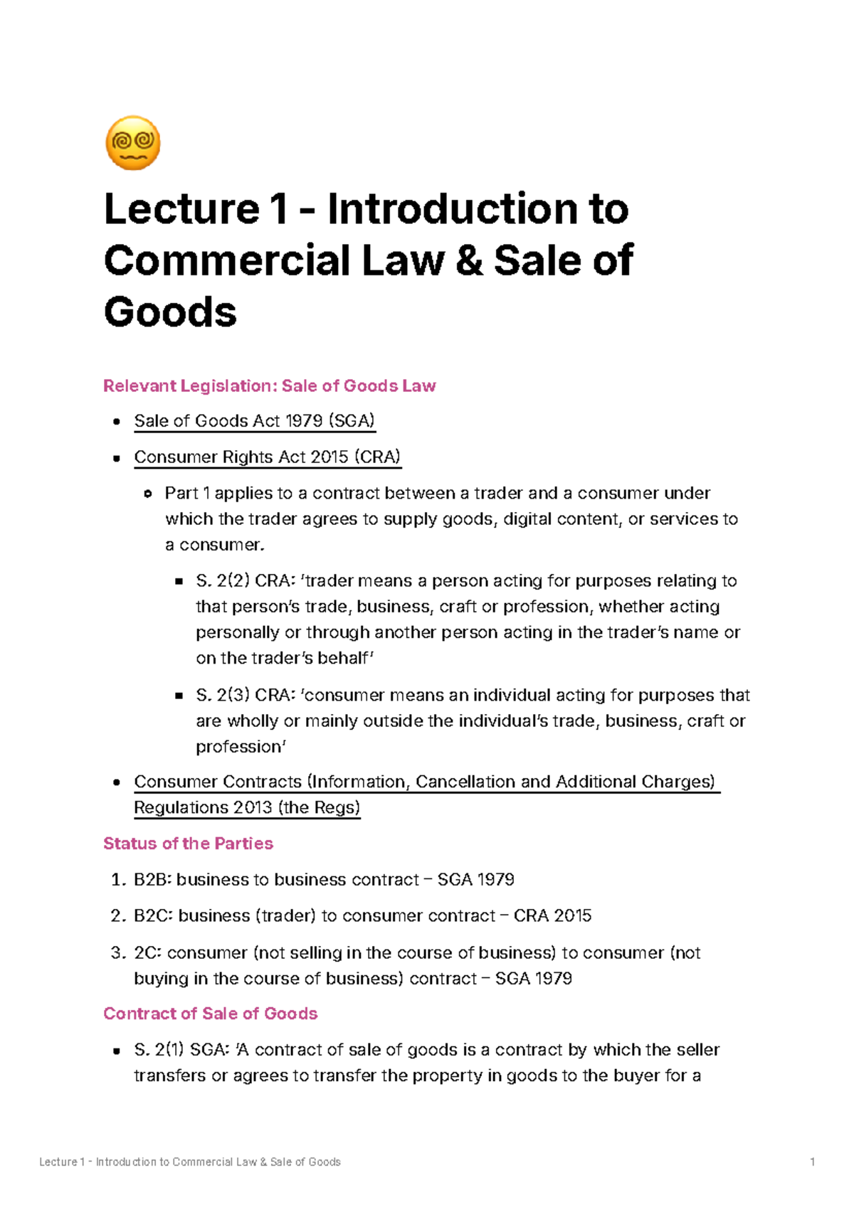 Lecture 1 - Introduction to Commercial Law Sale of Goods - Lecture 1 ...