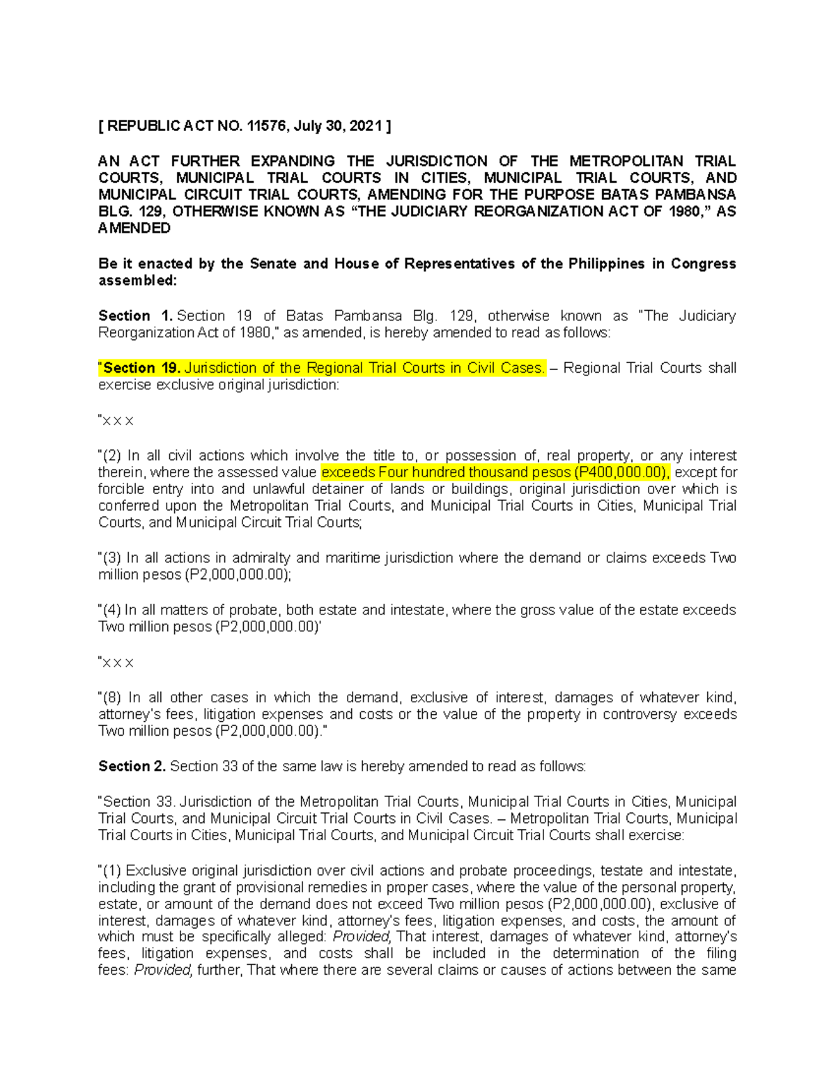 RA 11576 - Ra - [ REPUBLIC ACT NO. 11576, July 30, 2021 ] AN ACT ...