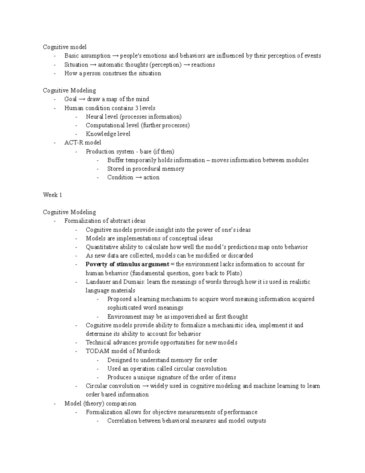 PSYC 319 - PSYC 319 notes for first exam - Cognitive model - Basic ...