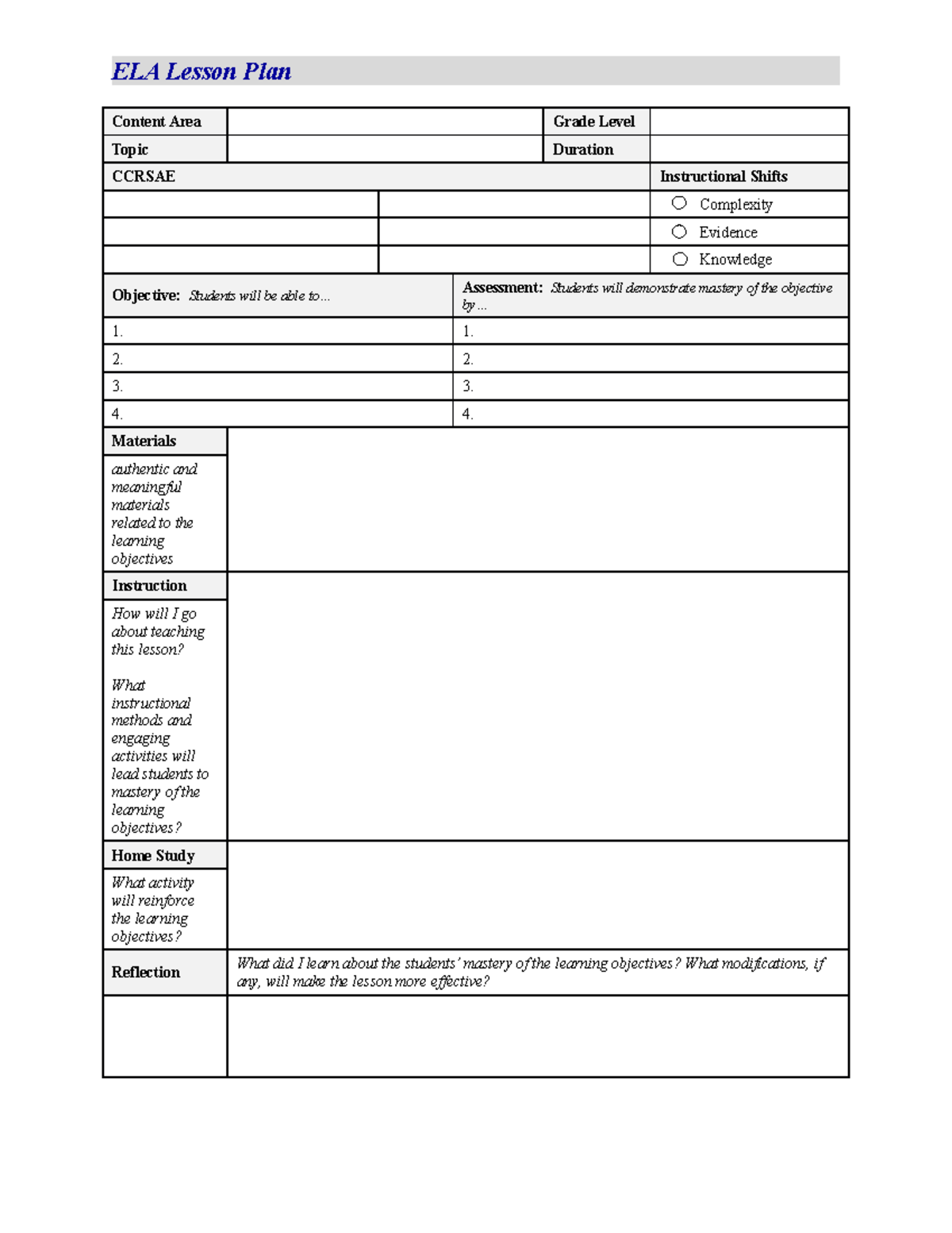 Lesson plan templates may 2017 - ELA Lesson Plan Content Area Grade ...