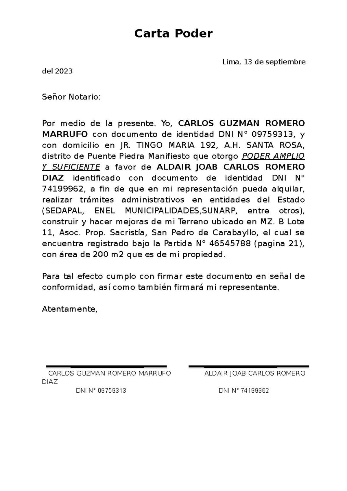 Carta Poder - DOCUMENTOS DE DERECHO - Carta Poder Lima, 13 de ...