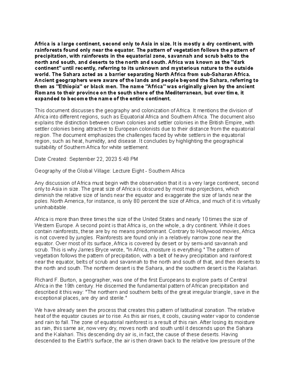 South Africa geo 202 - Lecture notes and summary. - Africa is a large ...