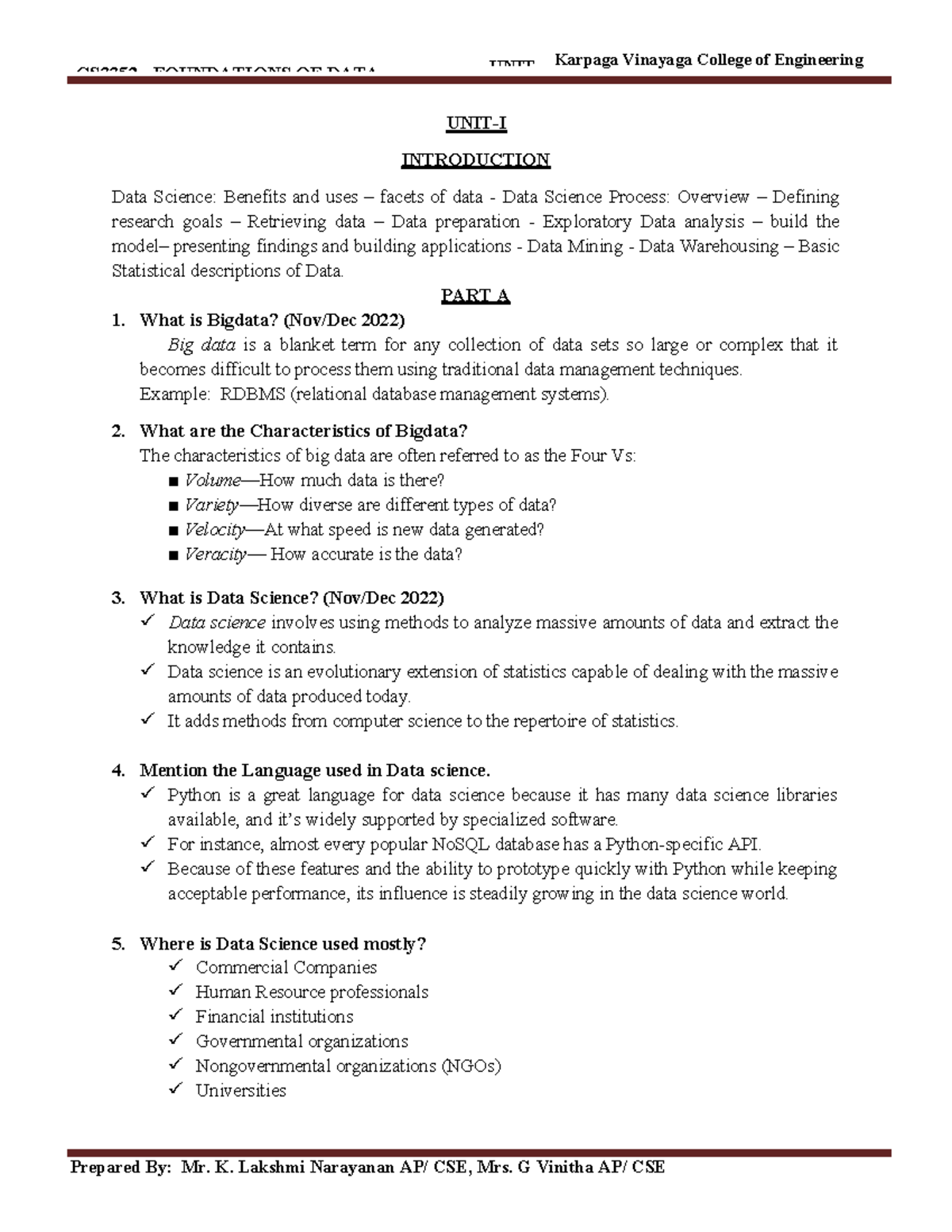 UNIT 1 - UNIT-1 - Prepared By: Mr. K. Lakshmi Narayanan AP/ CSE, Mrs. G ...