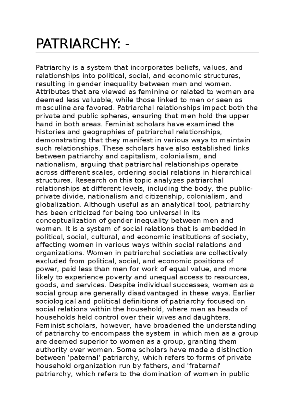 The Patriarchy - A problem for all! - PATRIARCHY: - Patriarchy is a ...