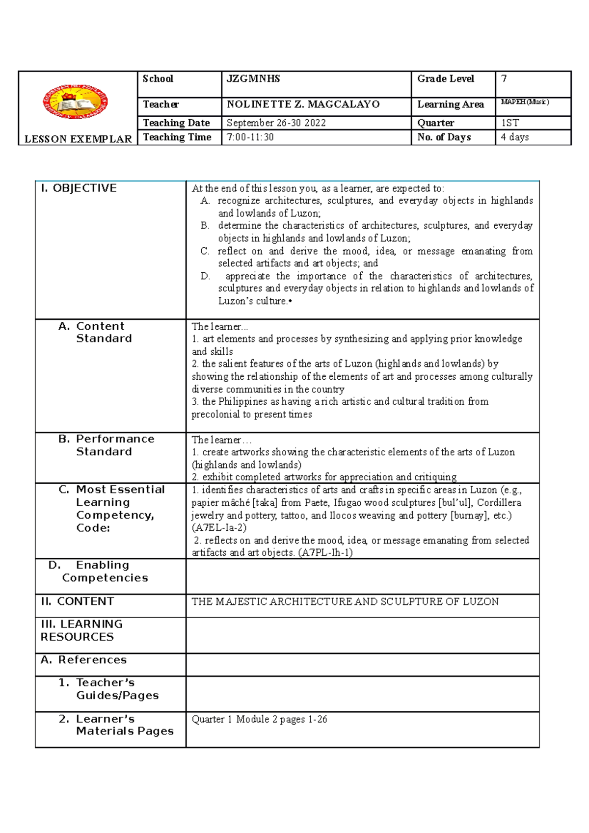 LE ARTS Module 2 - Lesson Exemplar - LESSON EXEMPLAR School JZGMNHS ...