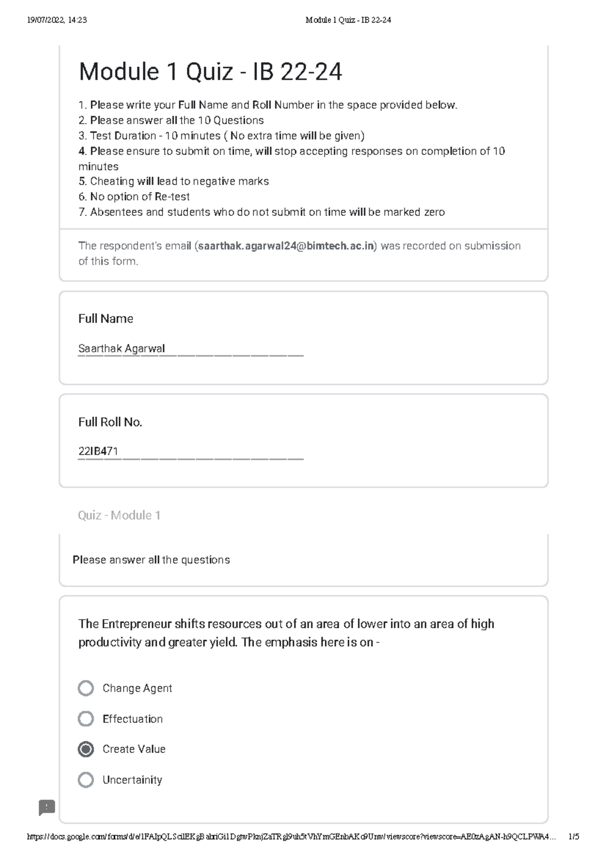 Module 1 Quiz - IB 22-24 - Saarthak Agarwal 22IB Quiz - Module 1 Please ...