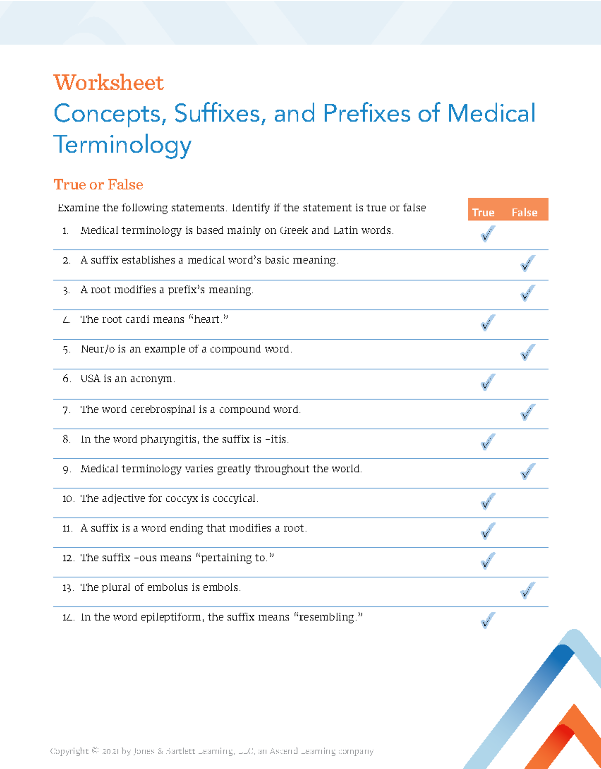 - Medical Terminology Worksheet - Copyright © 2021 by Jones & Bartlett ...