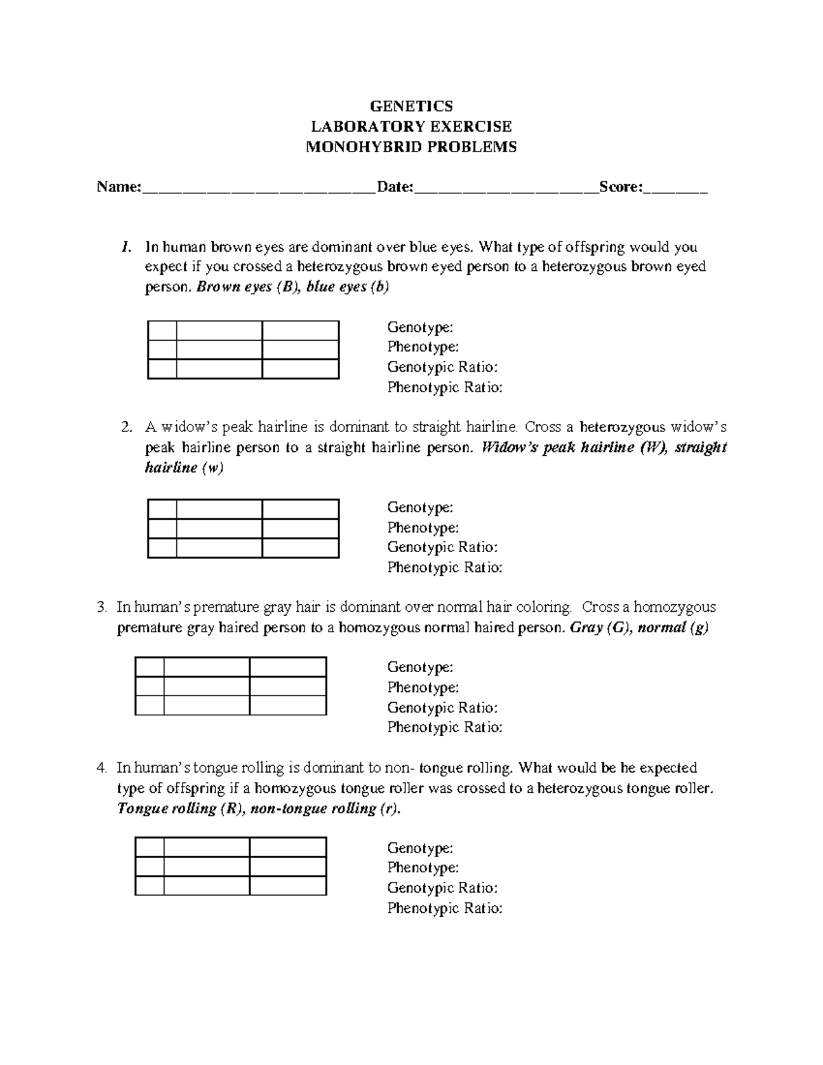 Monohybrid Laboratory - GENETICS LABORATORY EXERCISE MONOHYBRID ...