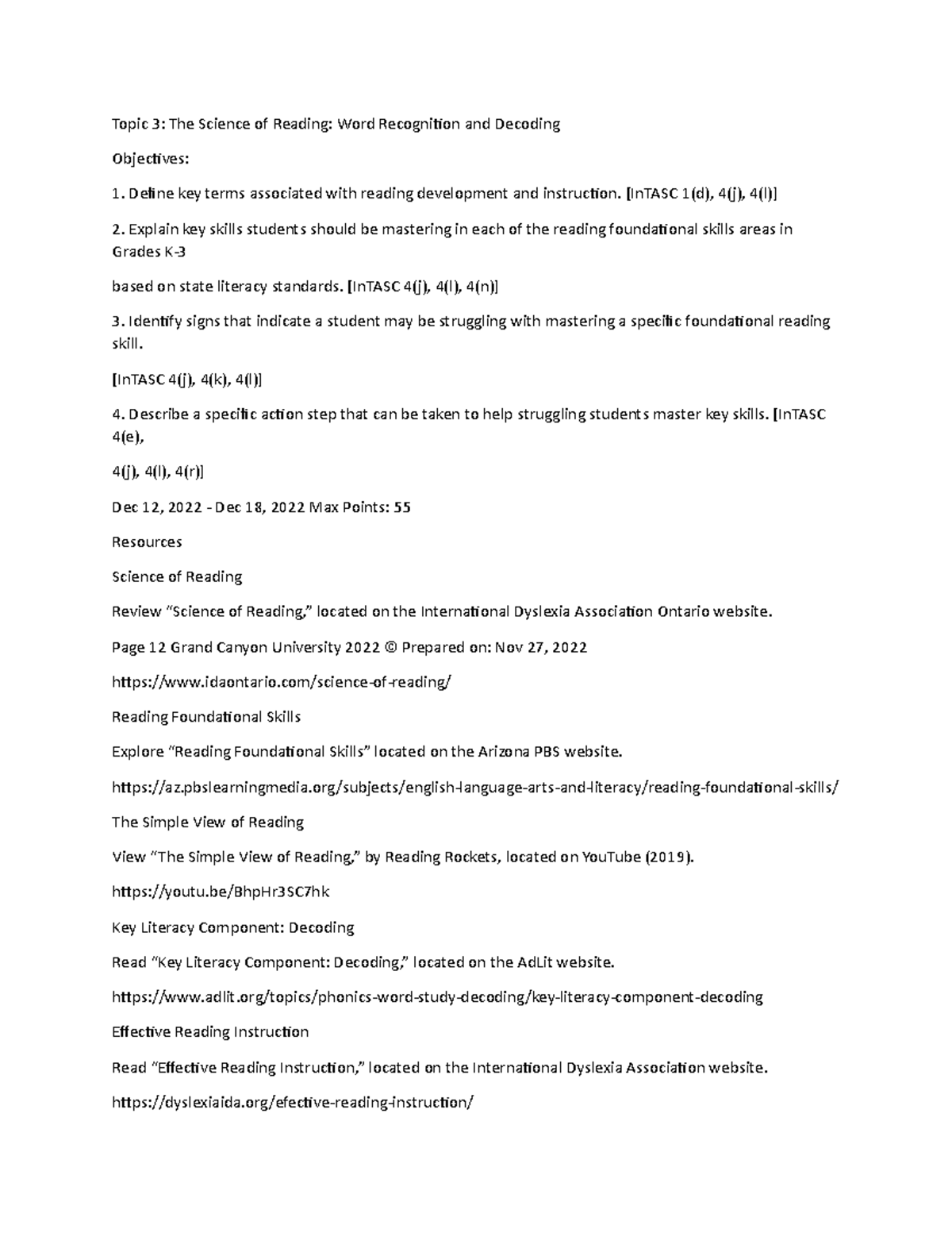 ELM 315 0501 Topic 3 Requirements - Topic 3: The Science of Reading: Word Recognition and ...