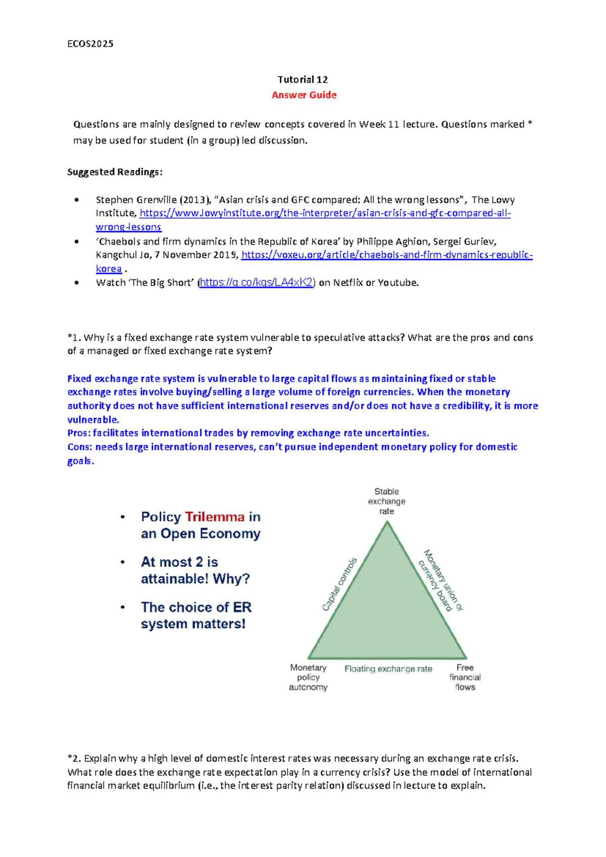 Week 12 Tutorial Answer Guide Ecos Tutorial 12 Answer Guide Questions Are Mainly Designed To