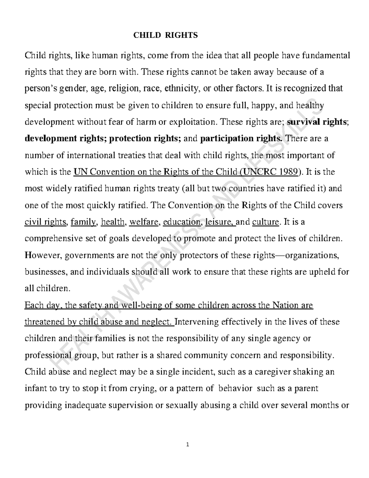 Revised Child Rights Handout - CHILD RIGHTS Child rights, like human ...