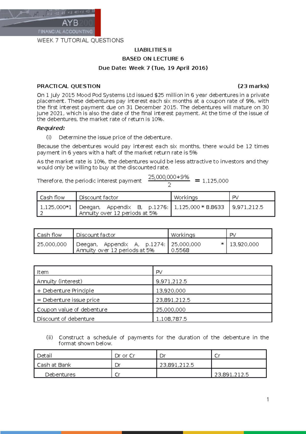 Week 7 Tutorial Questions & answers - WEEK 7 TUTORIAL QUESTIONS LIABILITIES II BASED ON LECTURE ...