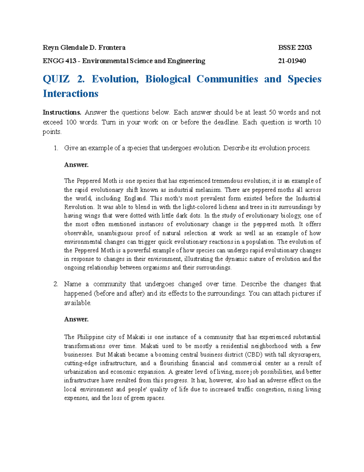 QUIZ 2. Evolution, Biological Communities and Species Interactions ...