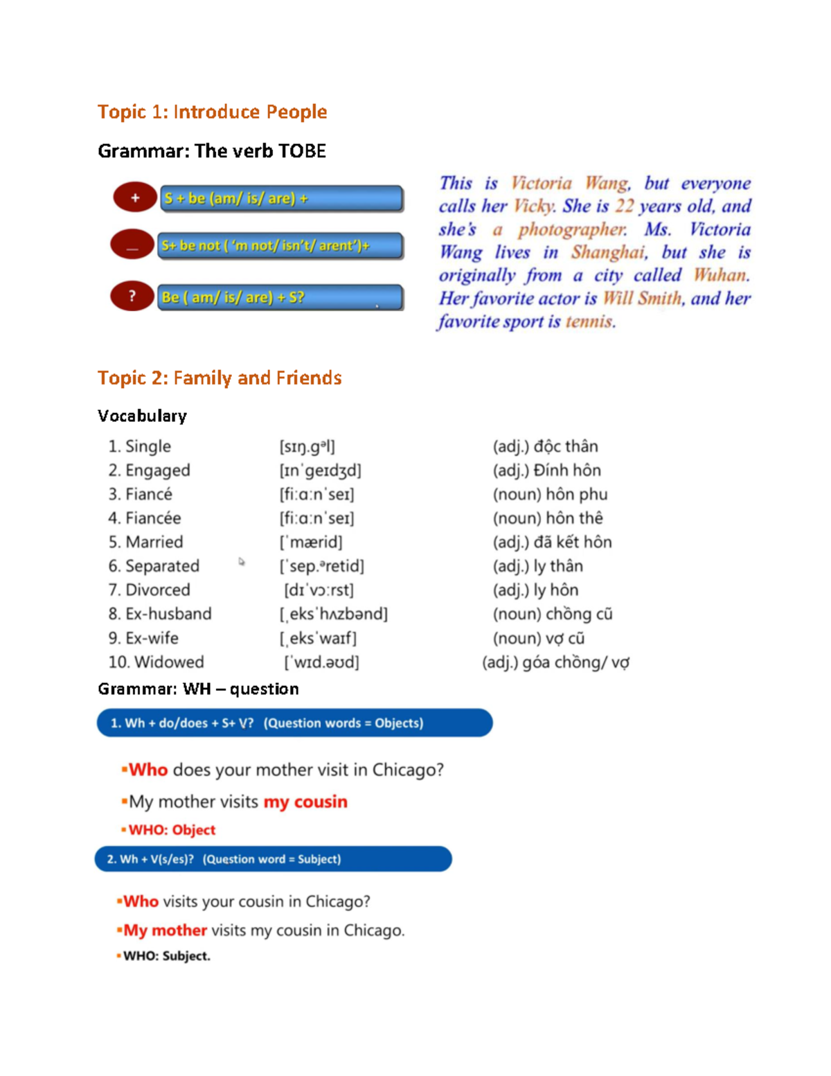 Grammar 1 - Topic 1: Introduce People Grammar: The verb TOBE Topic 2 ...