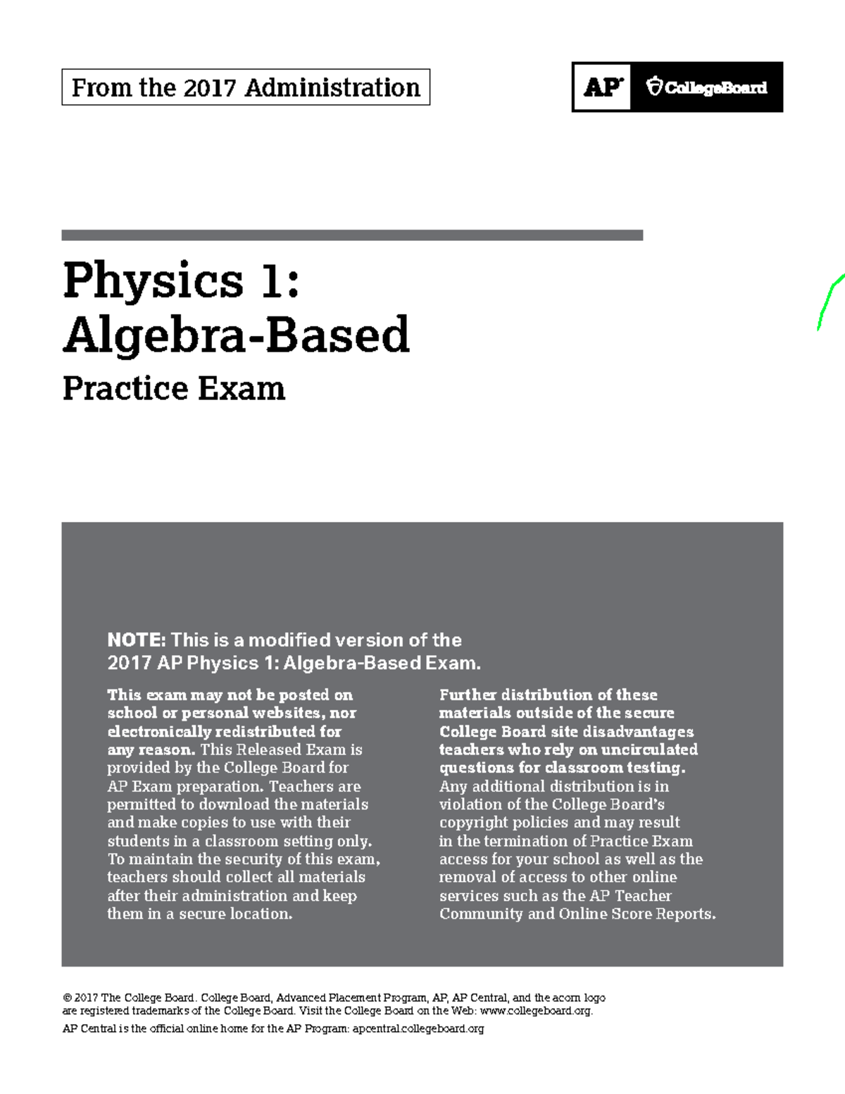 Exam Materials and Review. - From the 2017 Administration Physics 1 ...