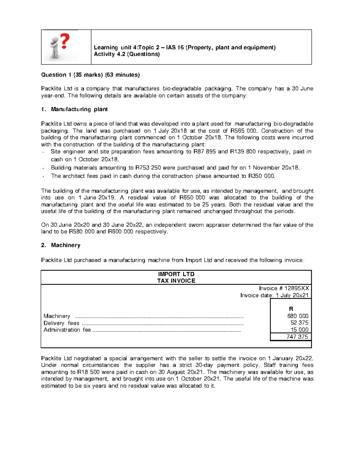 4.2 PPE Self assessment questions - Learning unit 4:Topic 2 – IAS 16 ...
