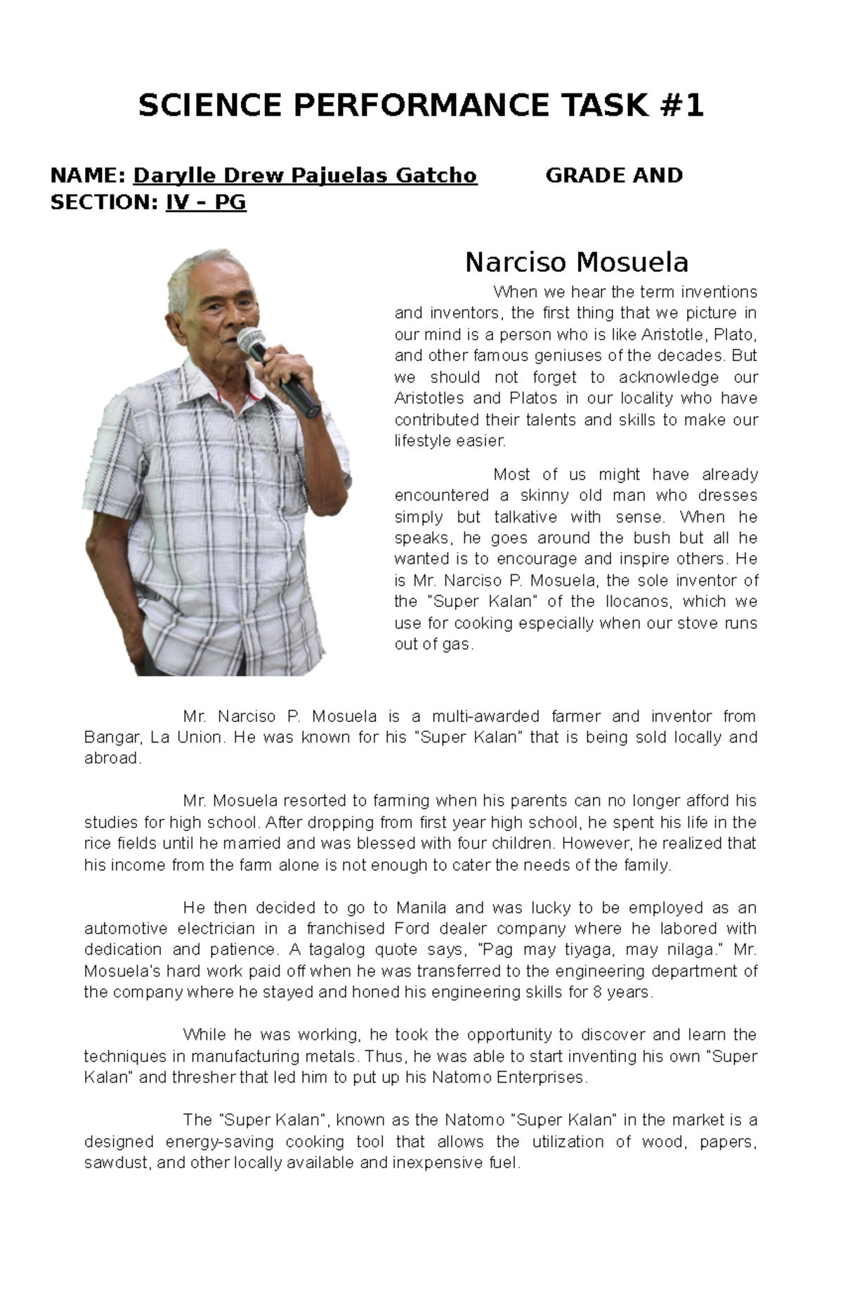 Narciso Mosuela - SCIENCE PERFORMANCE TASK NAME: Darylle Drew Pajuelas ...