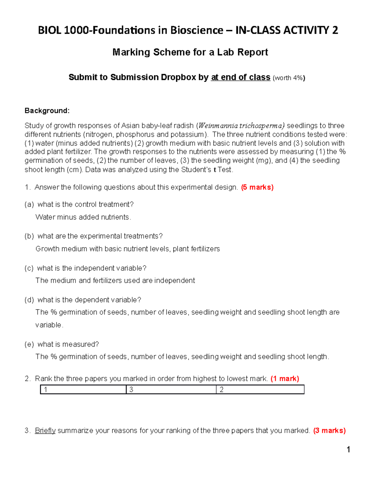 BIOL 1000-Activity 2-Marking Papers - BIOL 1000-Foundations in ...