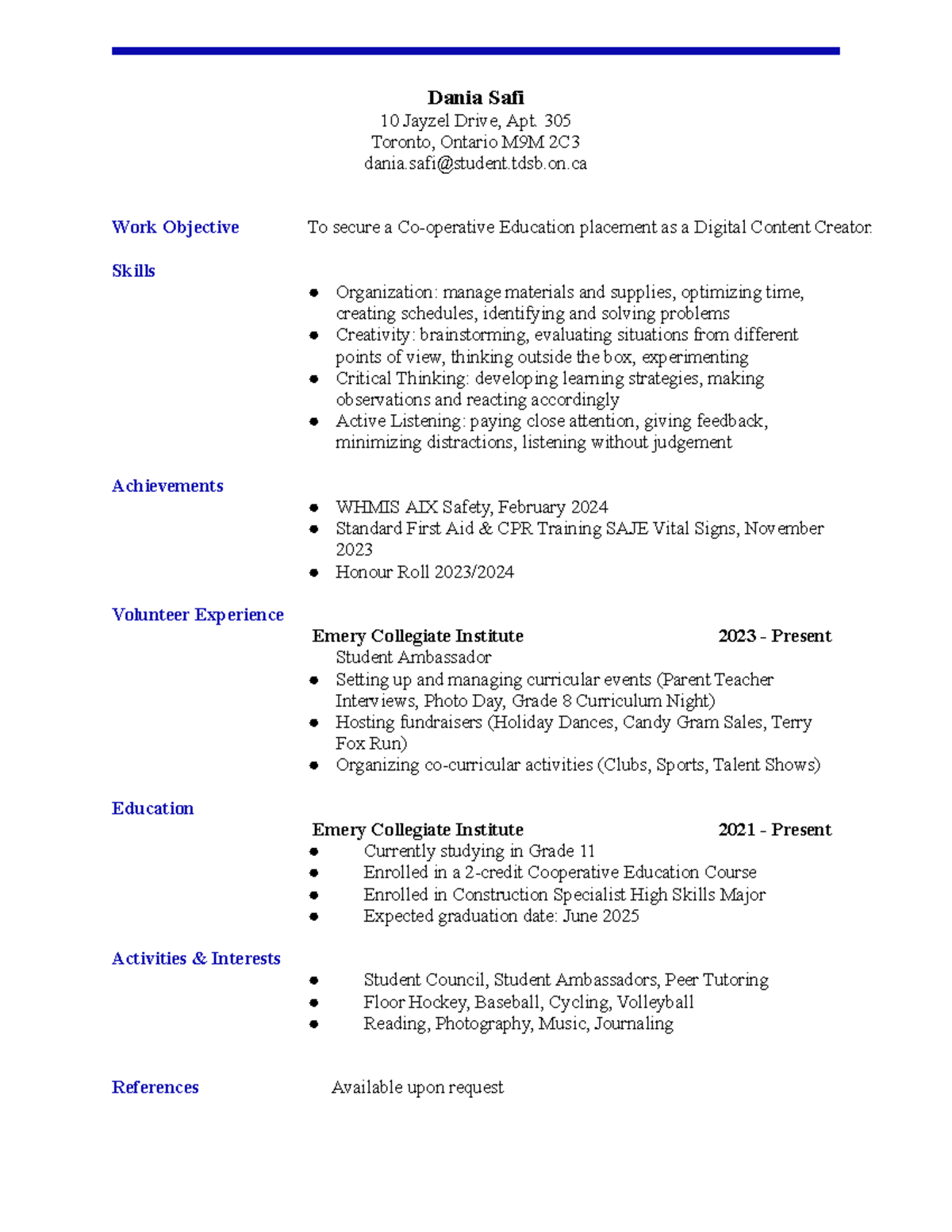 Resume-COOP - resume dont look - Dania Safi 10 Jayzel Drive, Apt. 305 ...