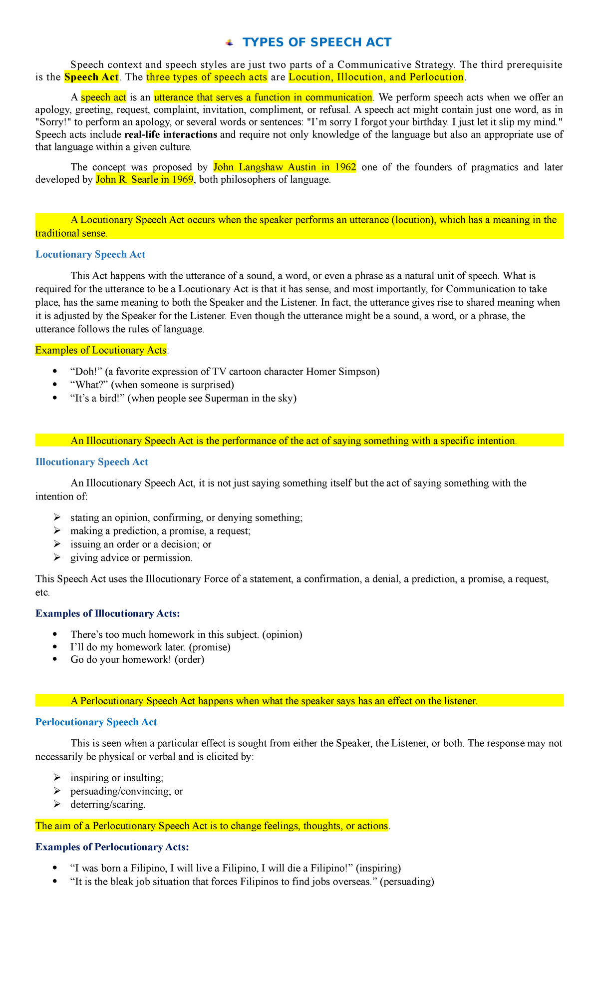Types OF Speech ACT For Additional Notes TYPES OF SPEECH ACT Speech