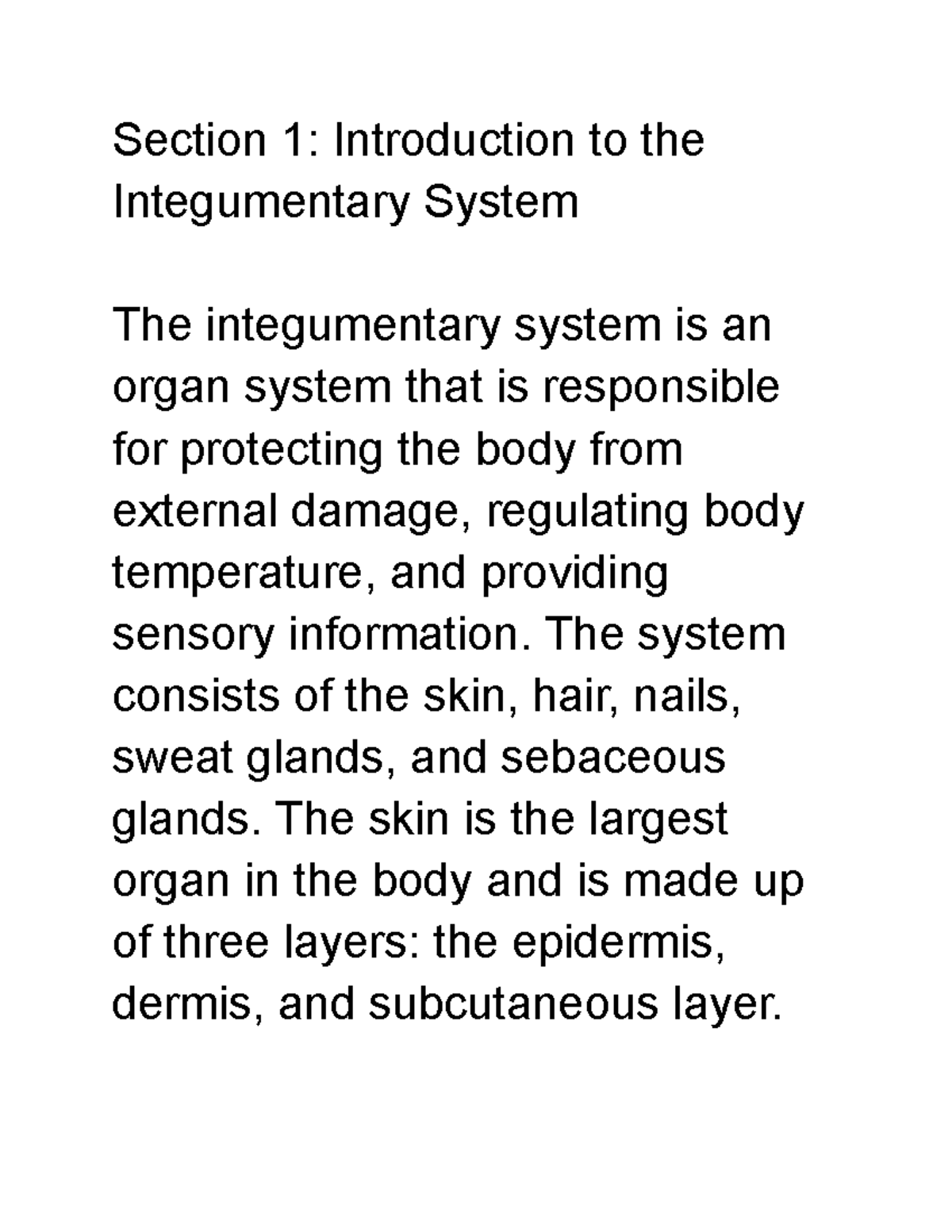 Integumentary System - Lecture notes - Section 1: Introduction to the ...