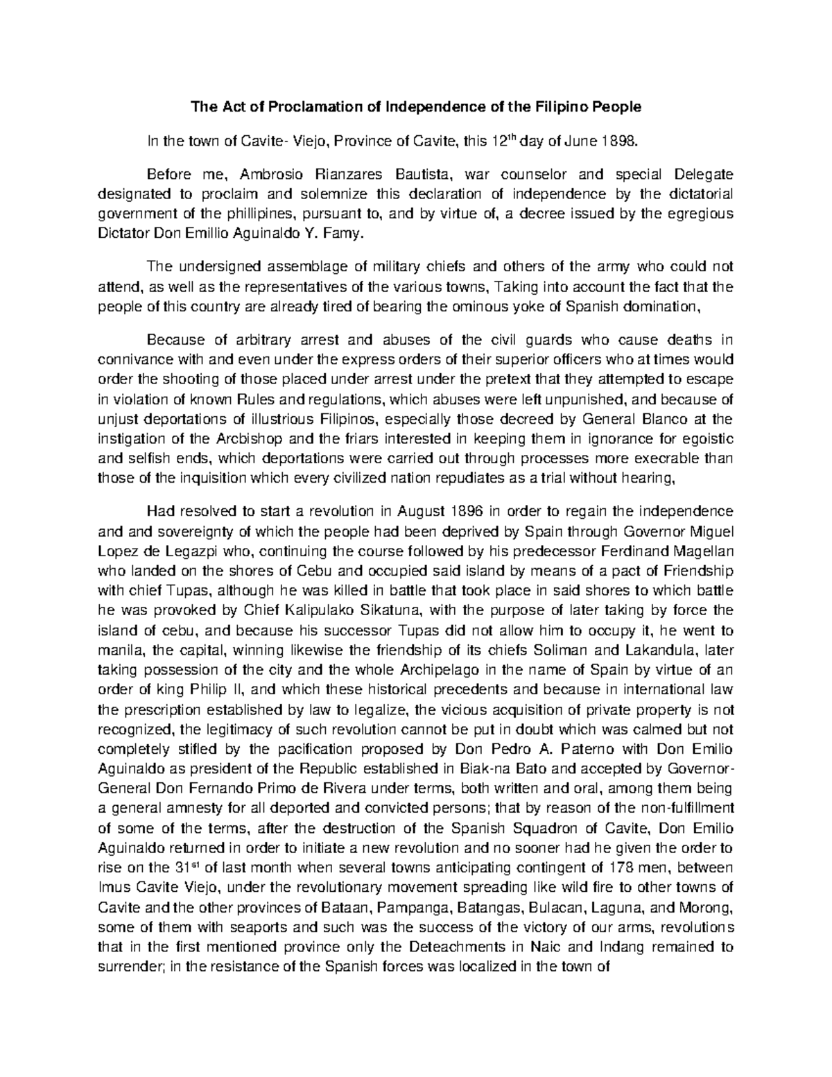Proclamation of Independence - Before me, Ambrosio Rianzares Bautista ...