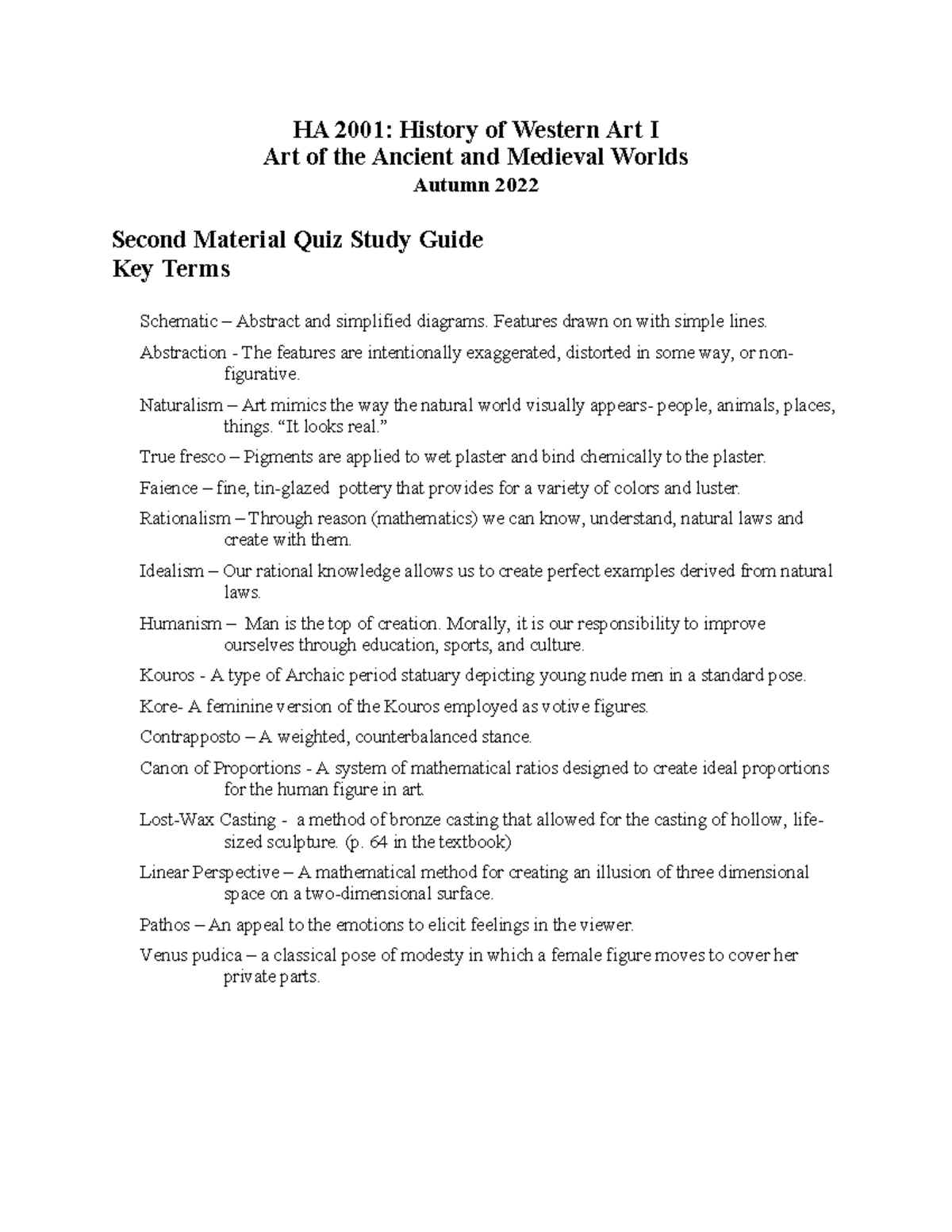 Second Material Quiz Study Guide - HA 2001: History of Western Art I ...