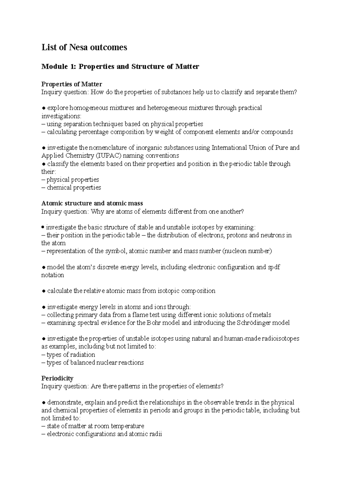 List of Nesa outcomes (chemistry) - List of Nesa outcomes Module 1 ...
