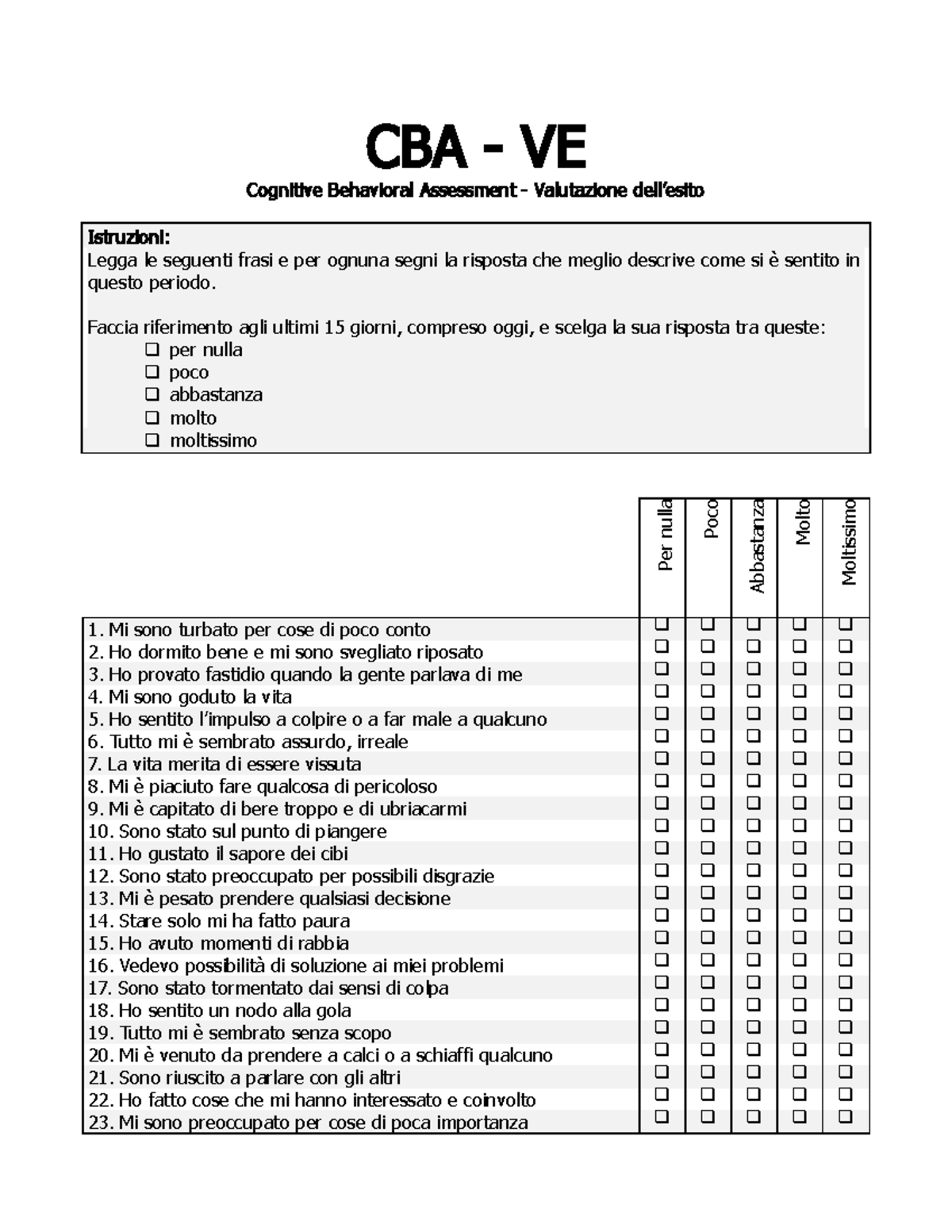 Protocollo CBA Verifica degli esiti - CBA - VE Cognitive Behavioral ...
